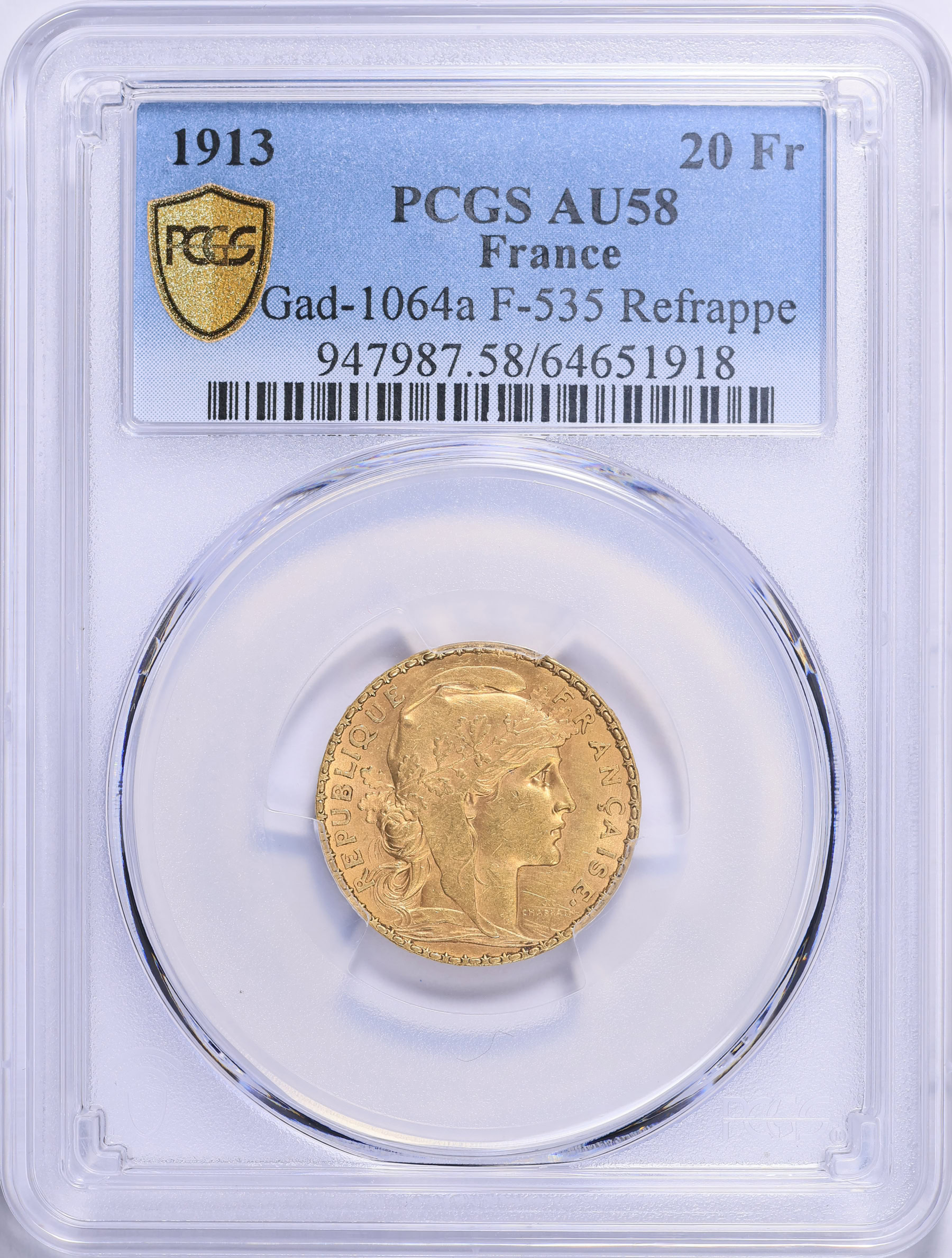 France 1913 Gold 20 Francs Refrappe KM-857 PCGS AU-58 (AGW = 0.1867 oz ...