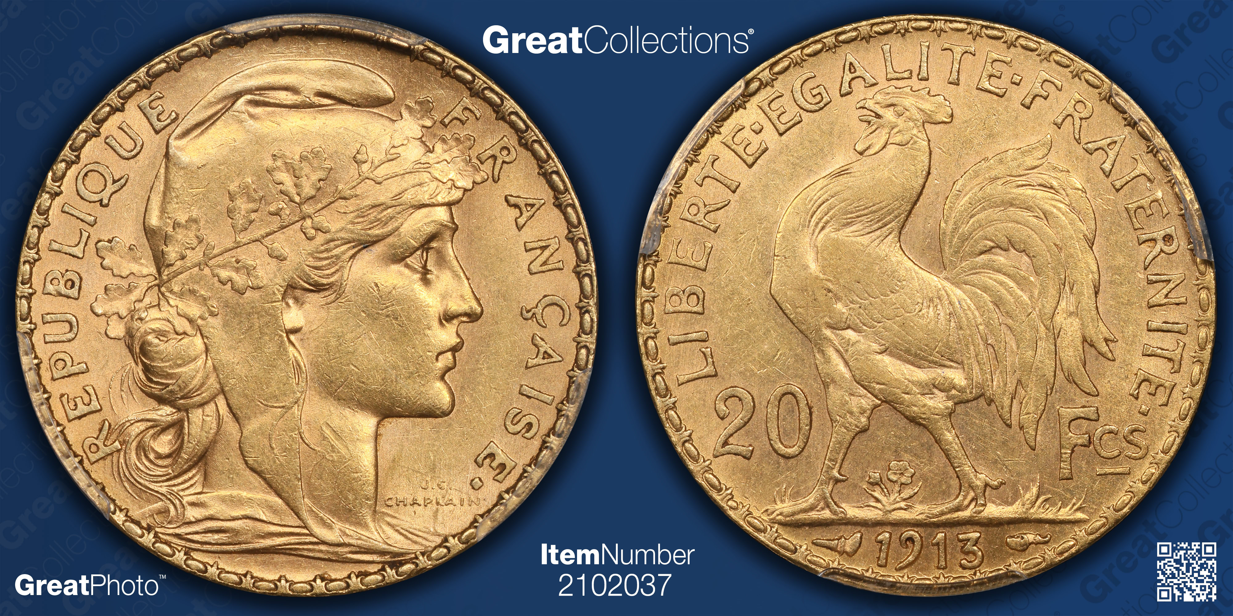 France 1913 Gold 20 Francs Refrappe KM-857 PCGS AU-58 (AGW = 0.1867 oz ...