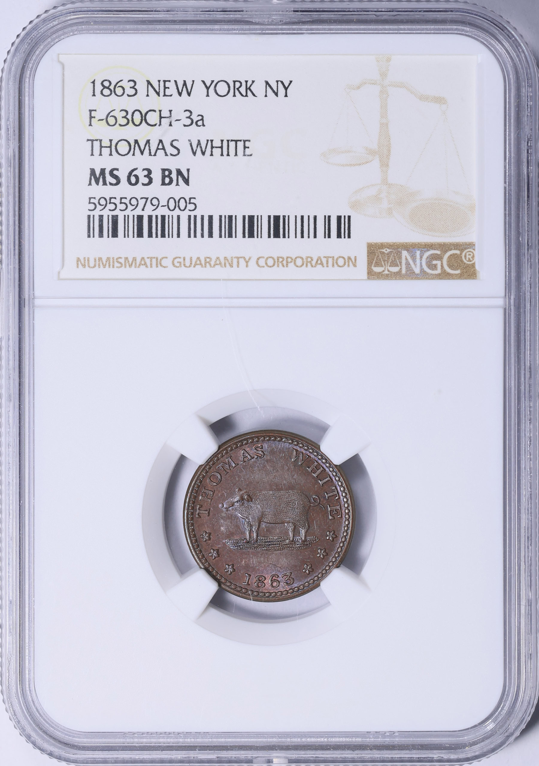 1863 New York City, New York Thomas White Civil War Token F-630CH-3a ...