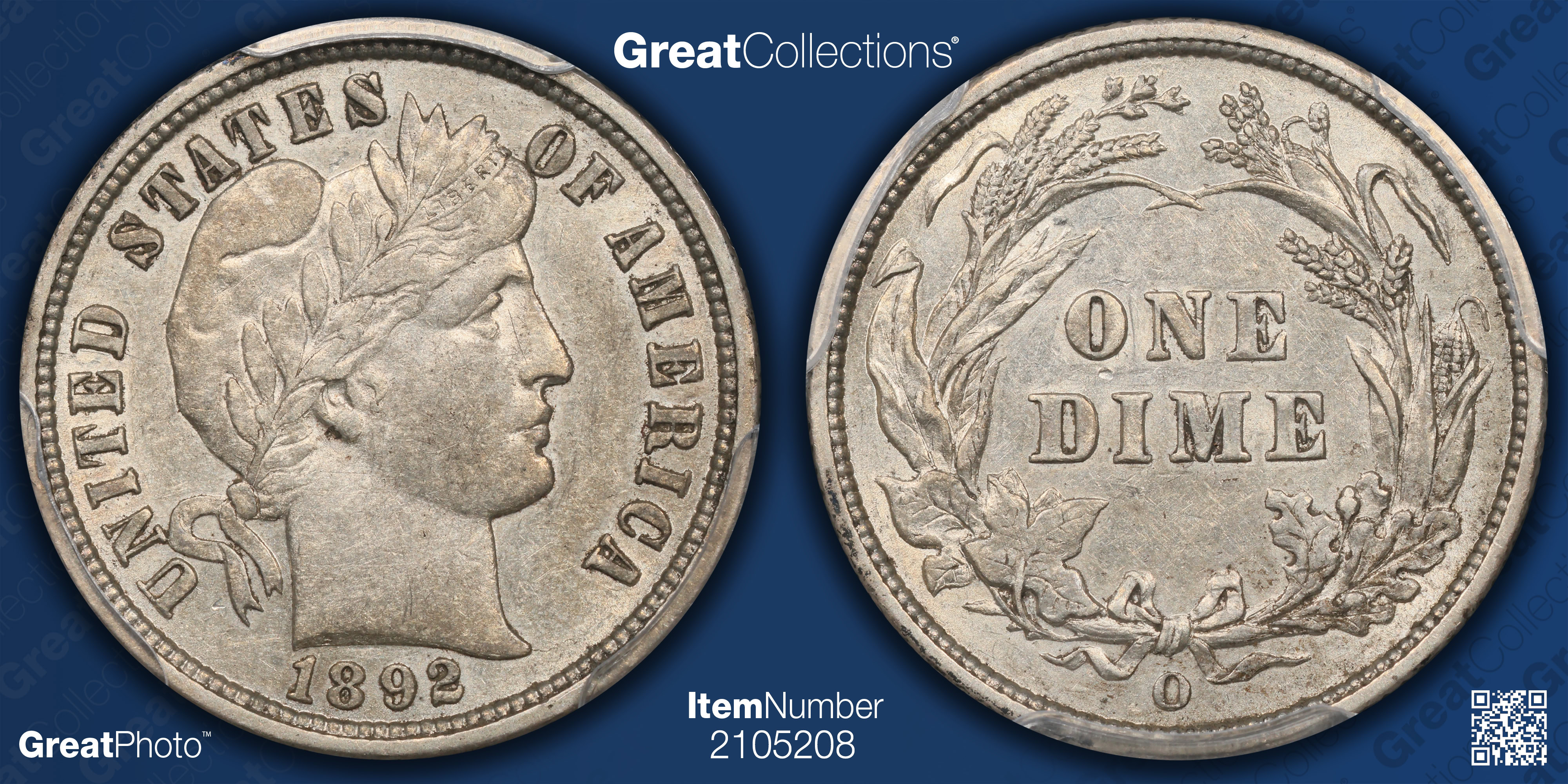 1892-O Barber Dime PCGS AU-55 (Item 2105208) | GreatCollections Coin ...