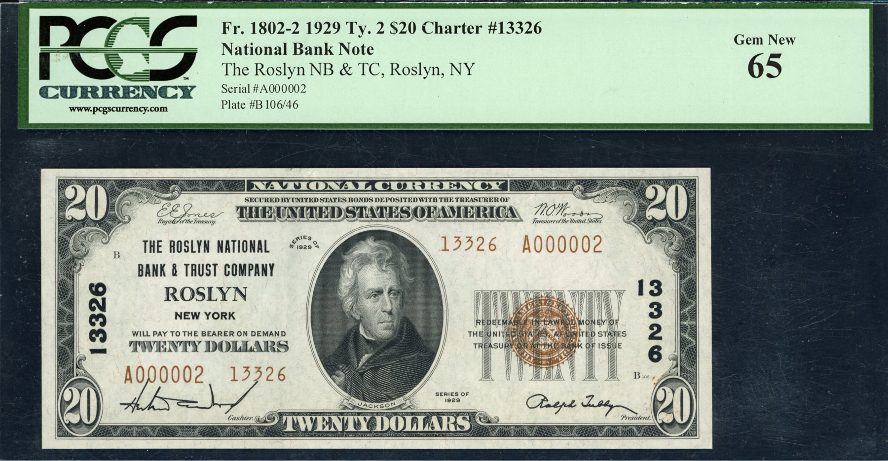 Fr. 1802-2 Roslyn, New York 1929 Type 2 $20 Note *Serial Number 2* The ...