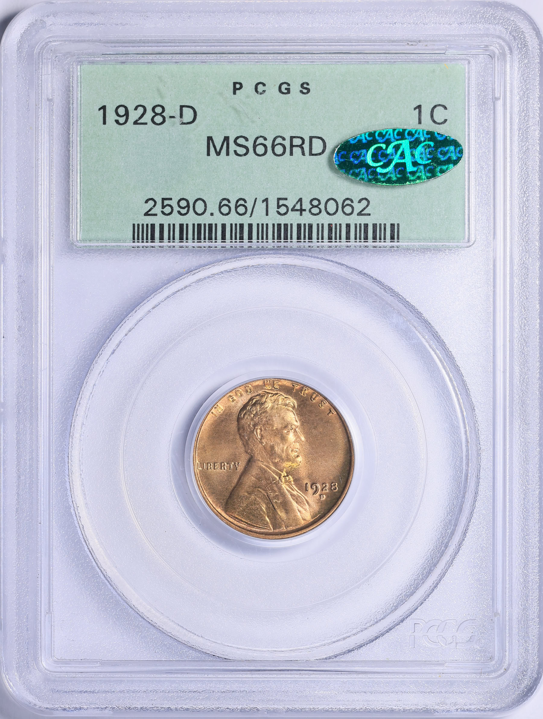 1928-D Lincoln Cent PCGS MS-66 RD (CAC Green) OGH (Ex. Duckor) (Item ...