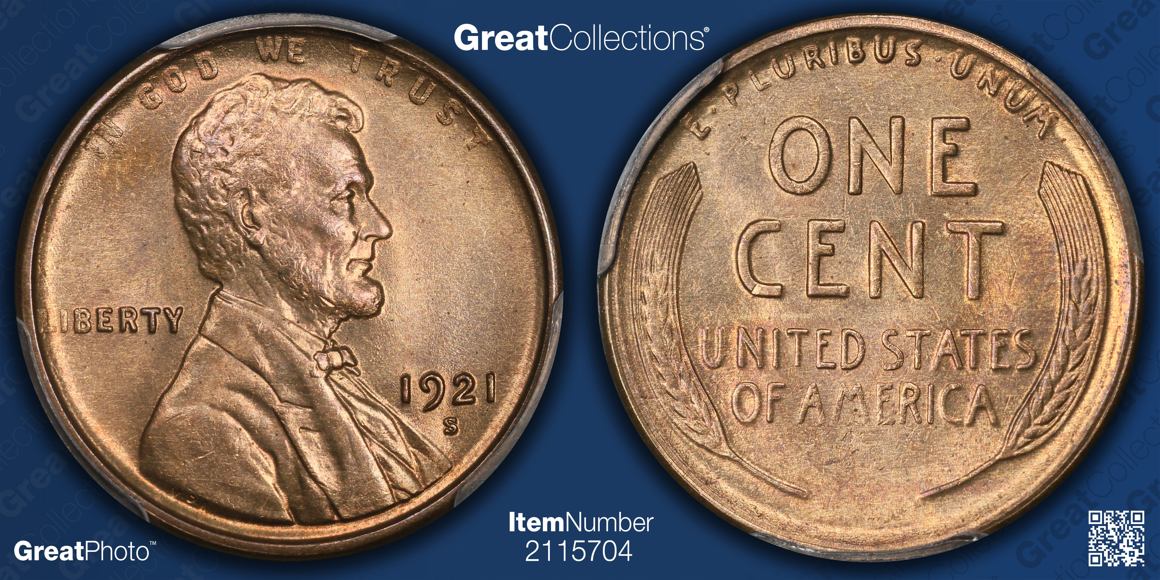 1921-S Lincoln Cent PCGS MS-65 RD (CAC Green) (Duckor Collection) (Item ...