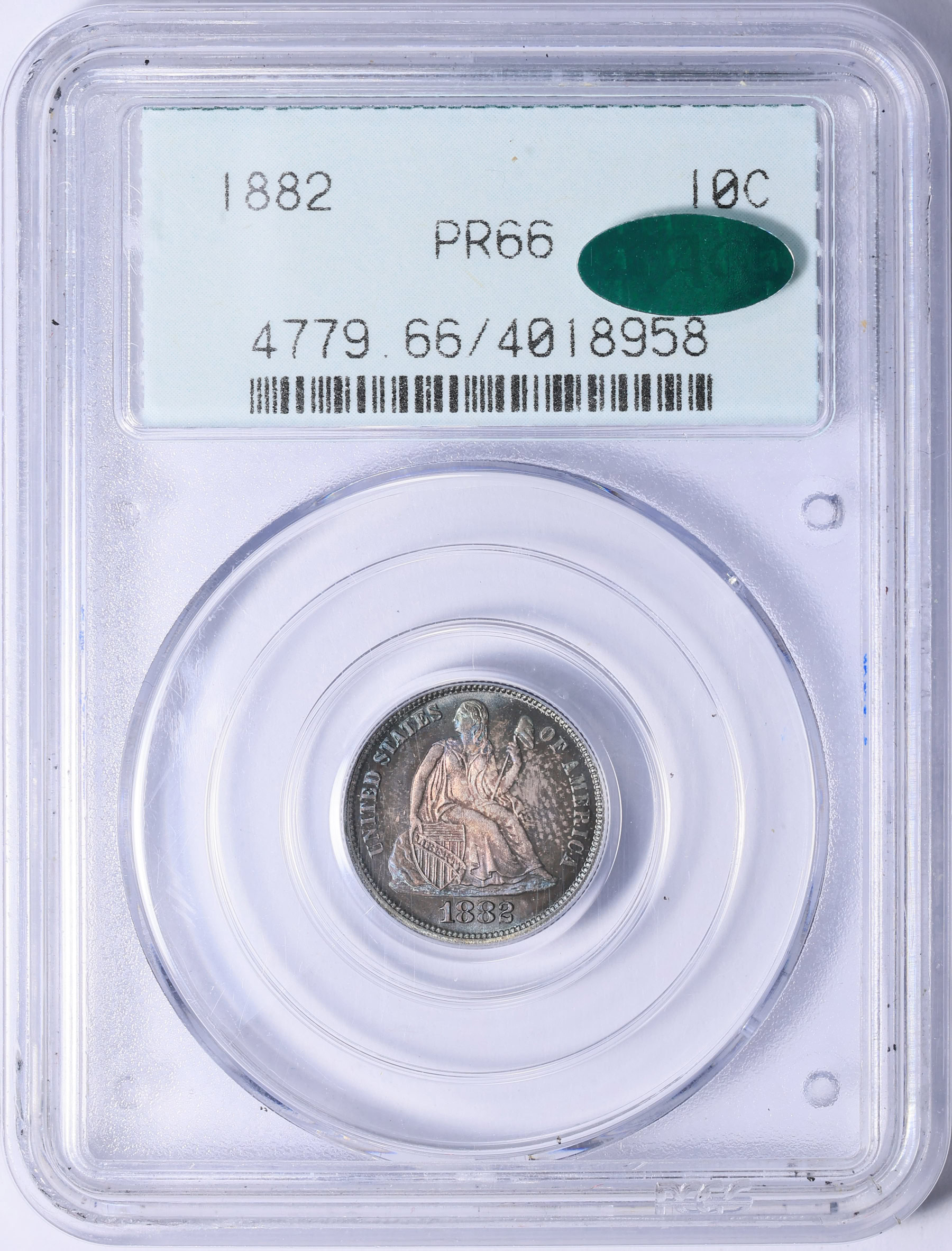 1882 Seated Liberty Dime PCGS Proof-66 (CAC Green) OGH (2nd Gen) (Toned ...
