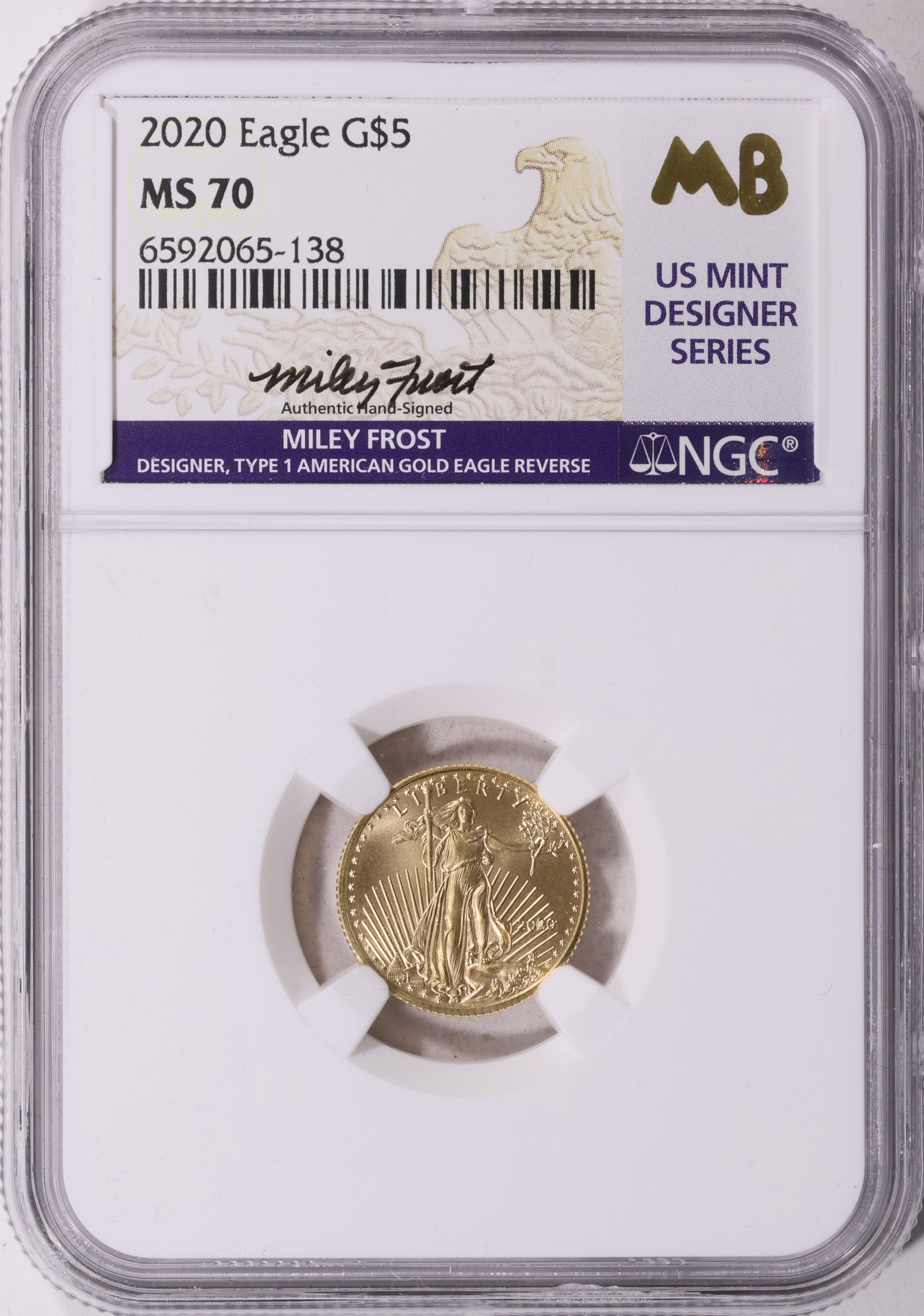 2020 $5 Tenth-Ounce Gold American Eagle NGC MS-70 (Miley Frost Signed ...