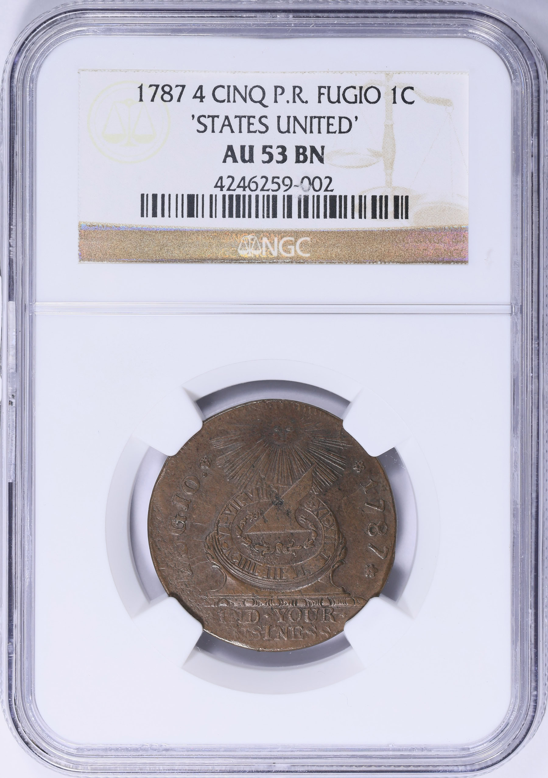 1787 Fugio Cent STATES UNITED, 4 Cinquefoils NGC AU-53 BN (Item 2124327 ...