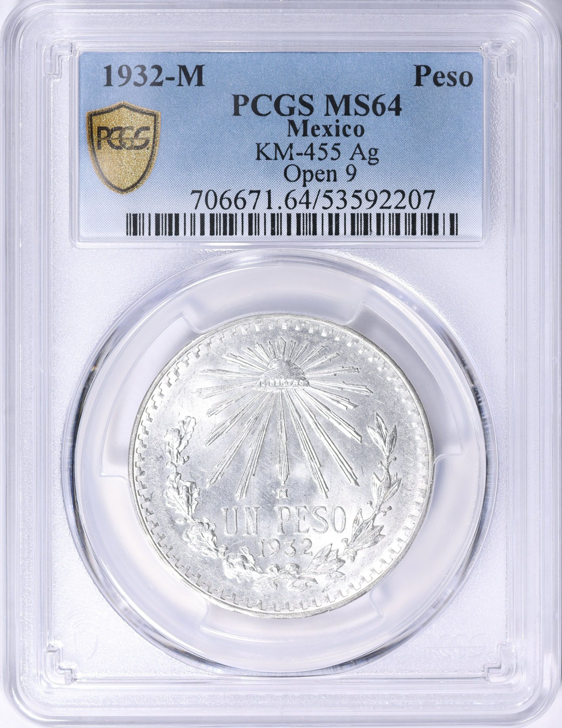 Mexico 1932-M Silver Peso Open 9 KM-455 PCGS MS-64 (Item 2124584 ...