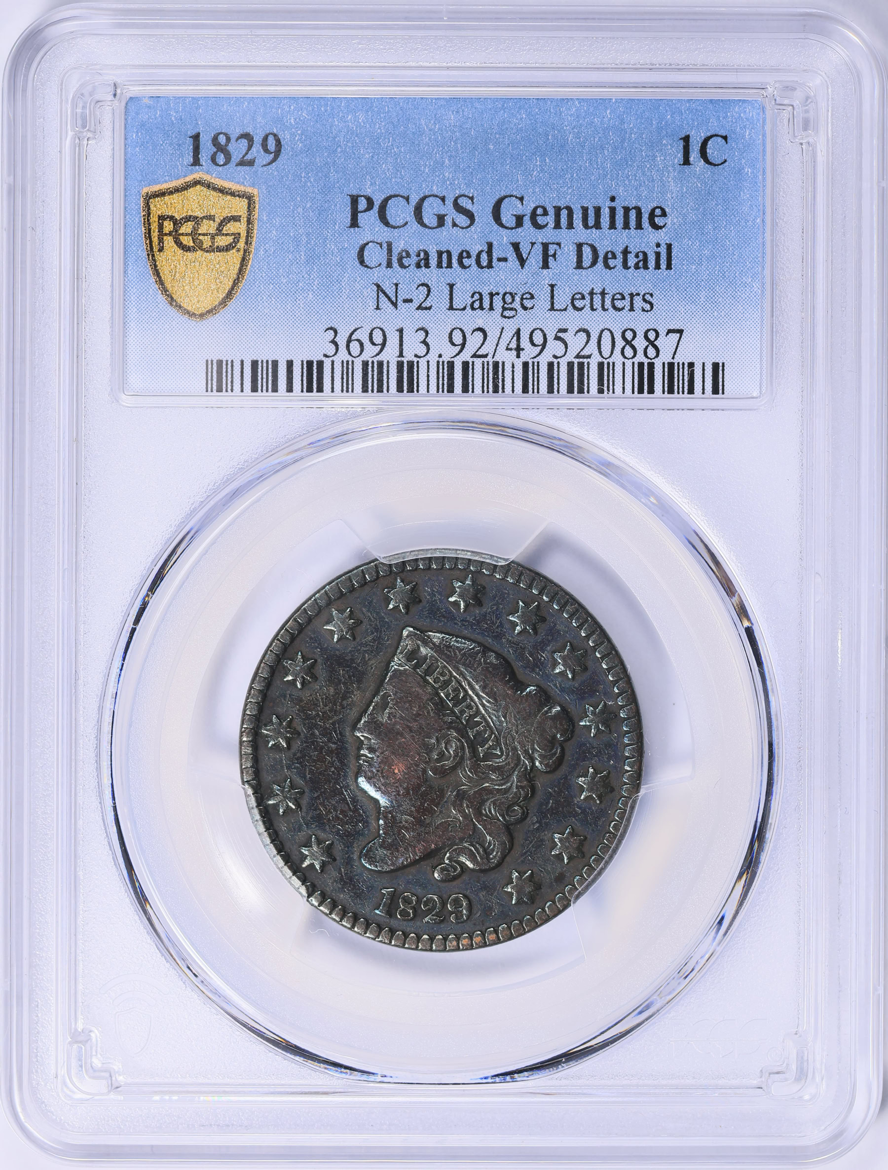 1829 Matron Cent N-2 Large Letters PCGS Genuine VF Details (Item ...