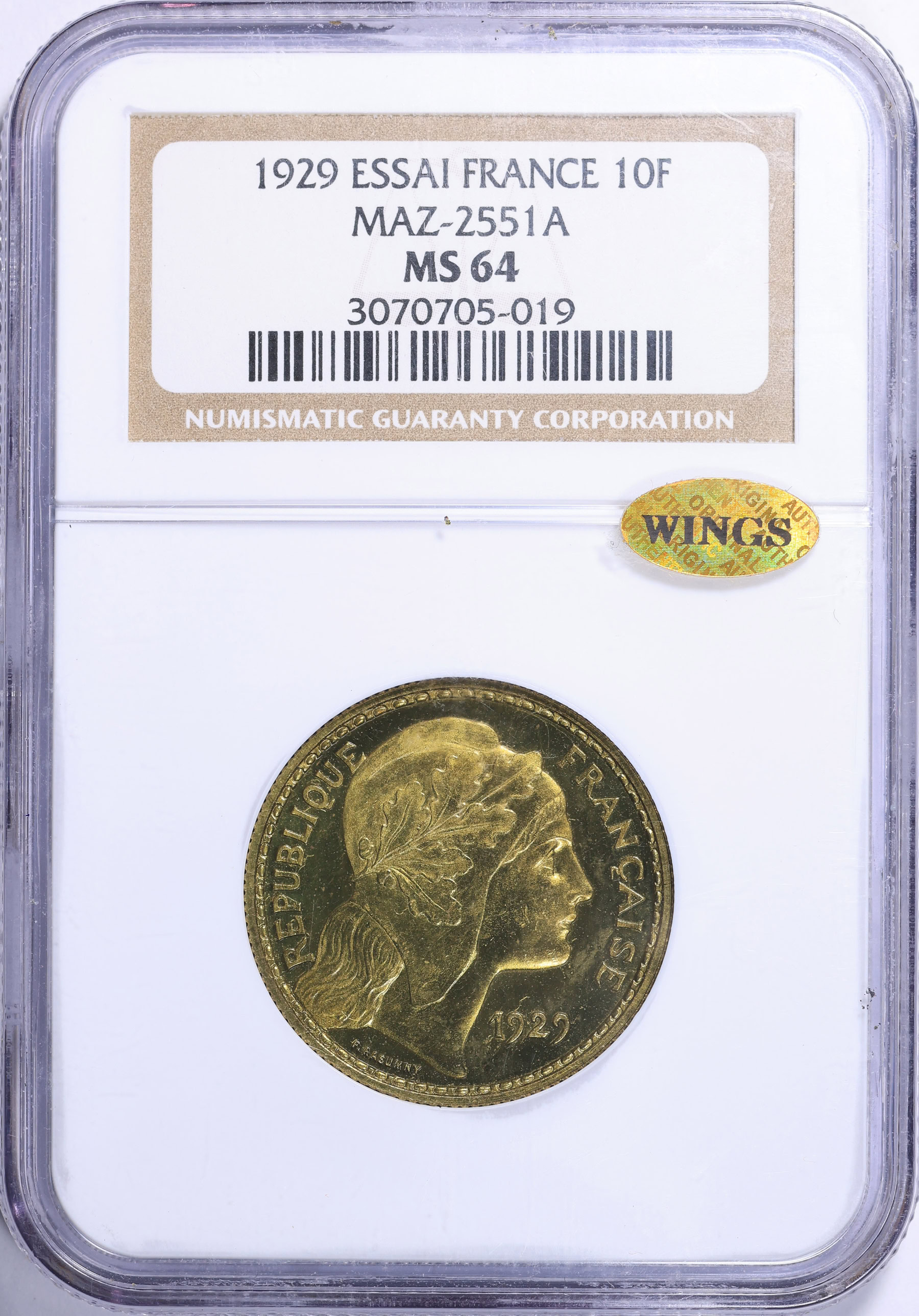 France 1929 10 Francs Essai KM-E47 NGC MS-64 (WINGS) | NGC Cert ...
