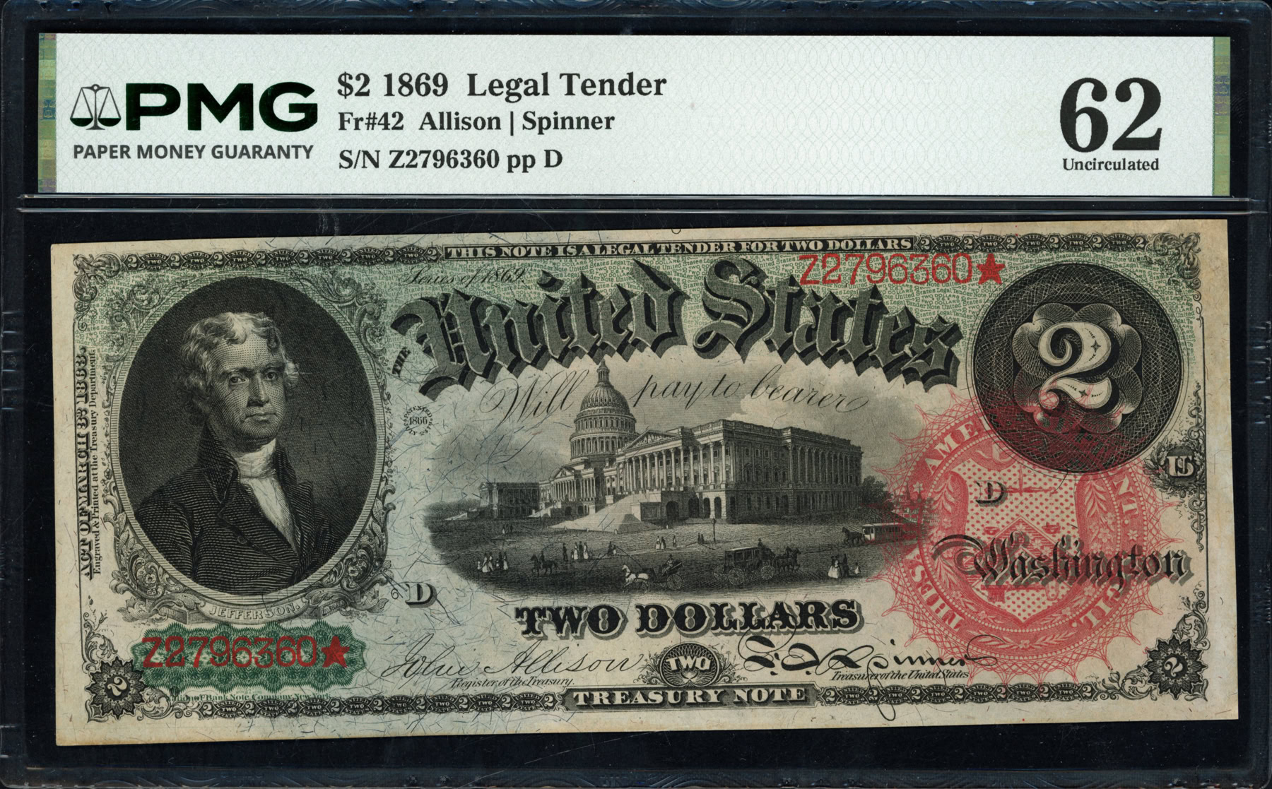Fr. 42 1869 $2 Legal Tender Note Allison / Spinner PMG Uncirculated 62 ...