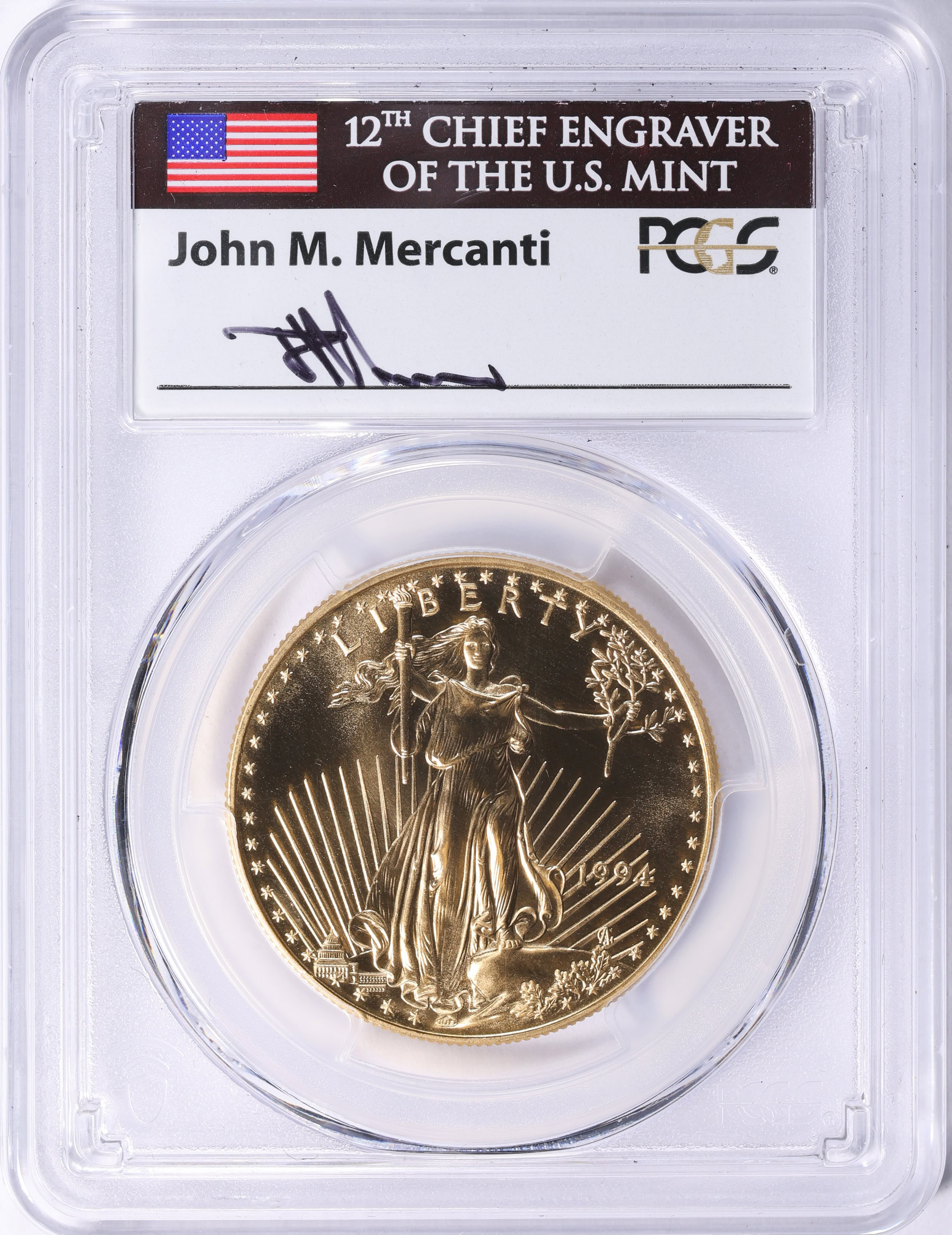 1994 $50 One-Ounce Gold American Eagle PCGS MS-70 PL (Mercanti Signed ...