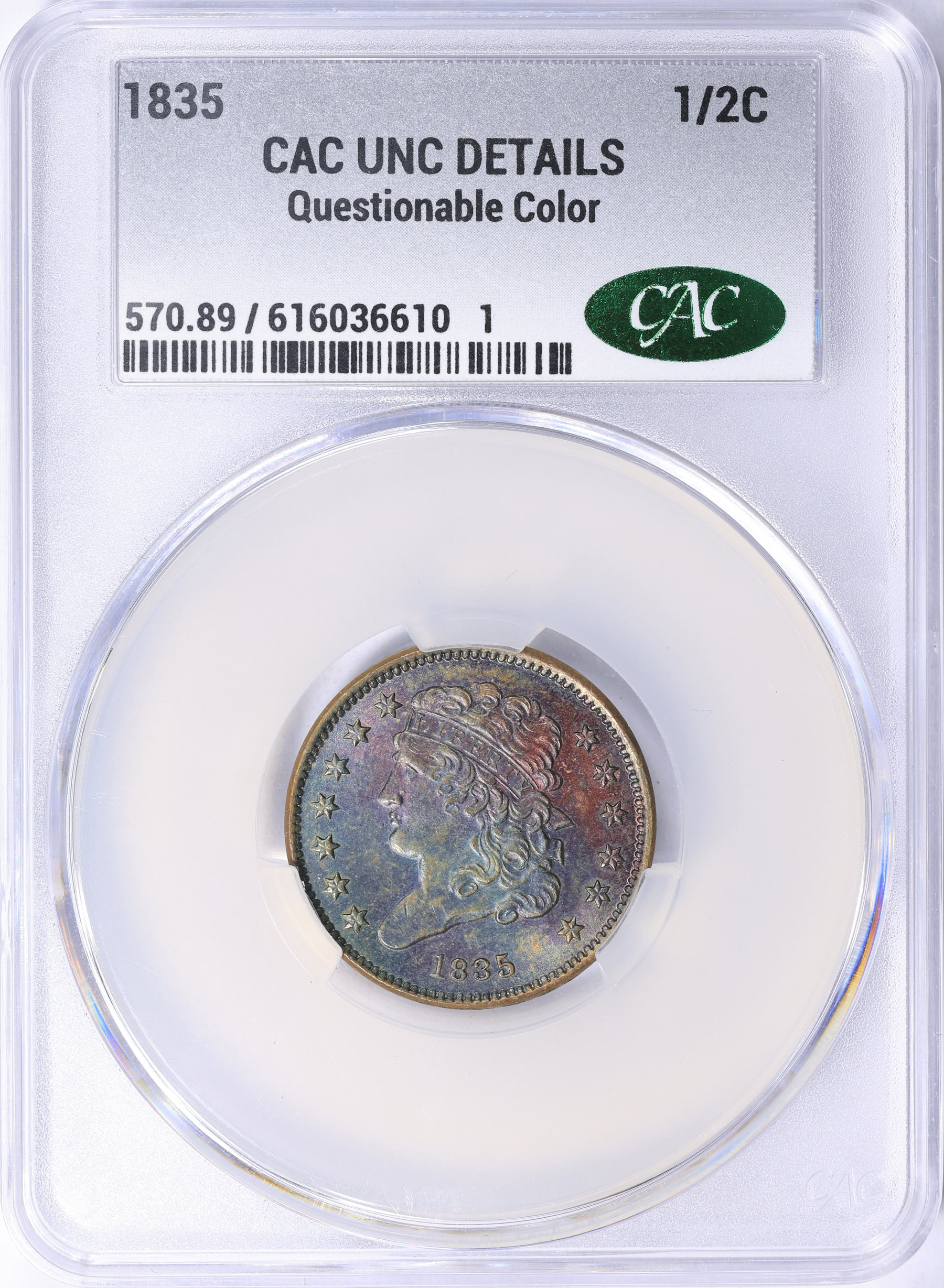 1835 Classic Half Cent CACG Unc Details (Art. Toned) (Item 2153992 ...