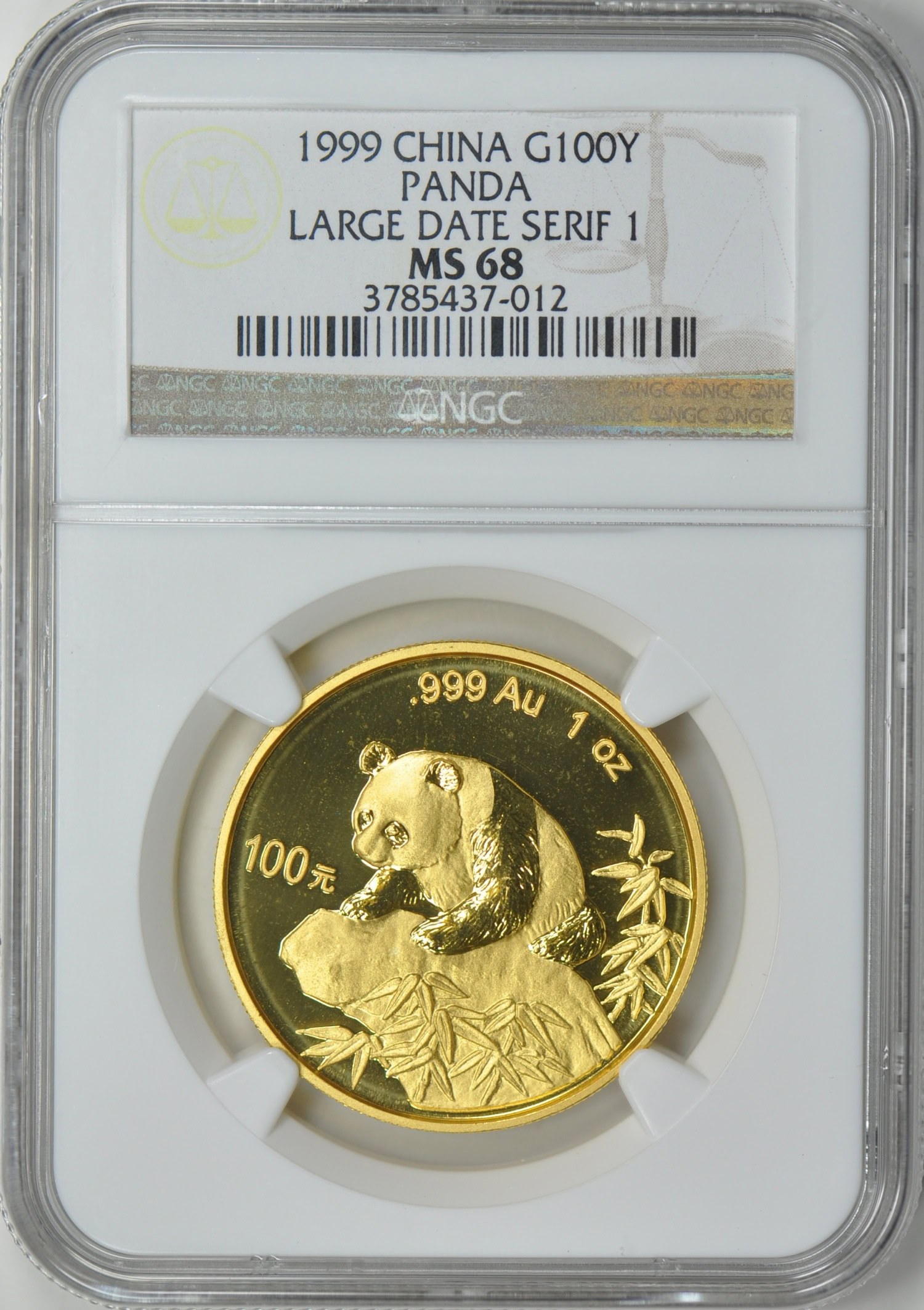 China 1999 Gold 100 Yuan Panda Large Date Serif 1 NGC MS-68 (AGW = 1.0 ...