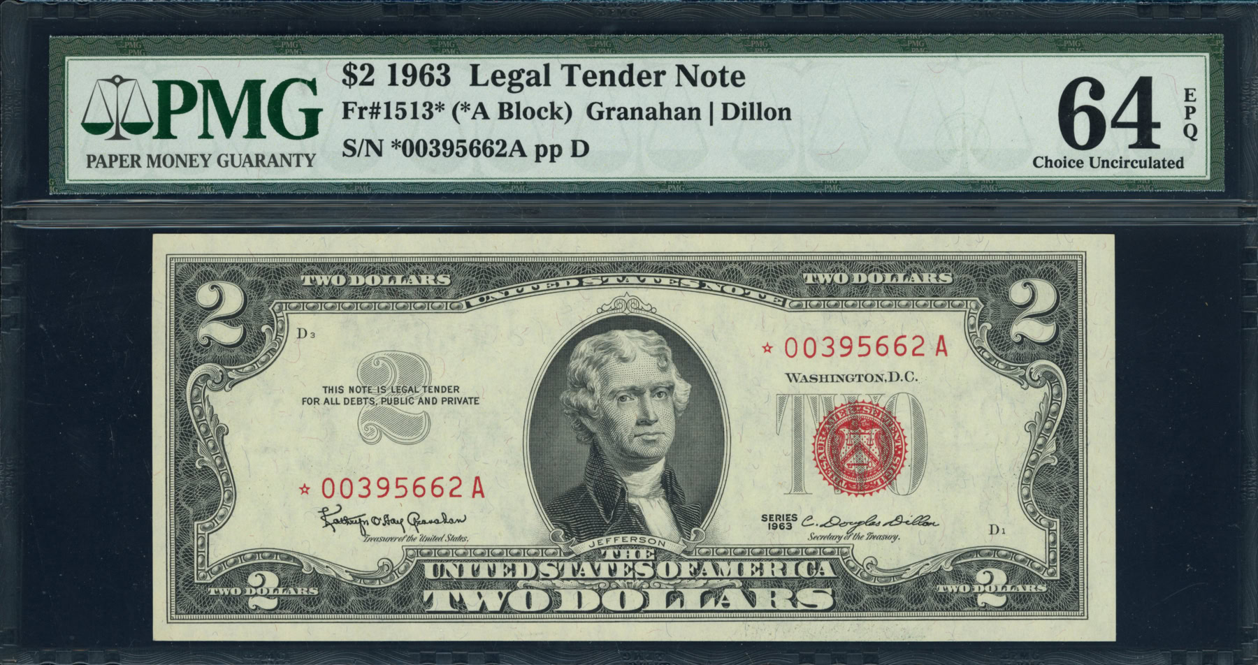 Fr. 1513* (*A Block) 1963 $2 Legal Tender Star Note Granahan / Dillon ...