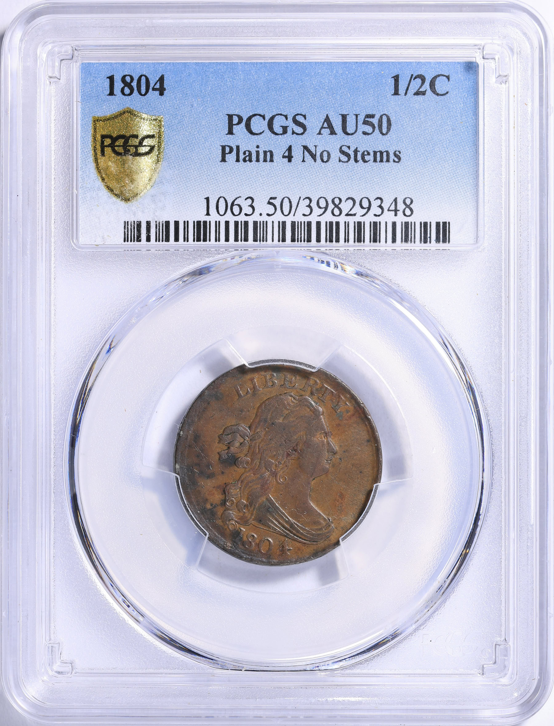 1804 Draped Bust Half Cent Plain 4, No Stems PCGS AU-50 BN (Item ...