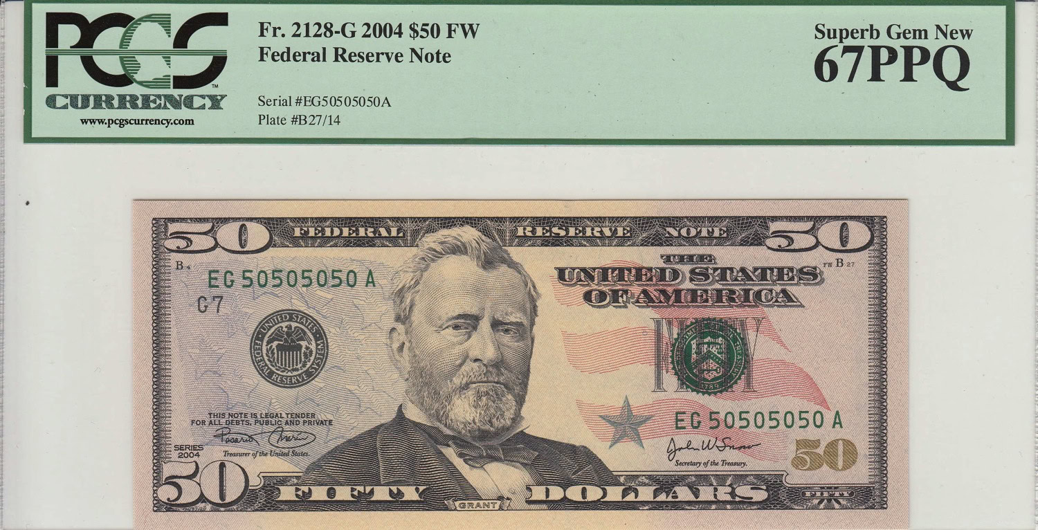 Fr. 2128-G 2004 $50 FW Federal Reserve Note Repeater Serial Number PCGS ...