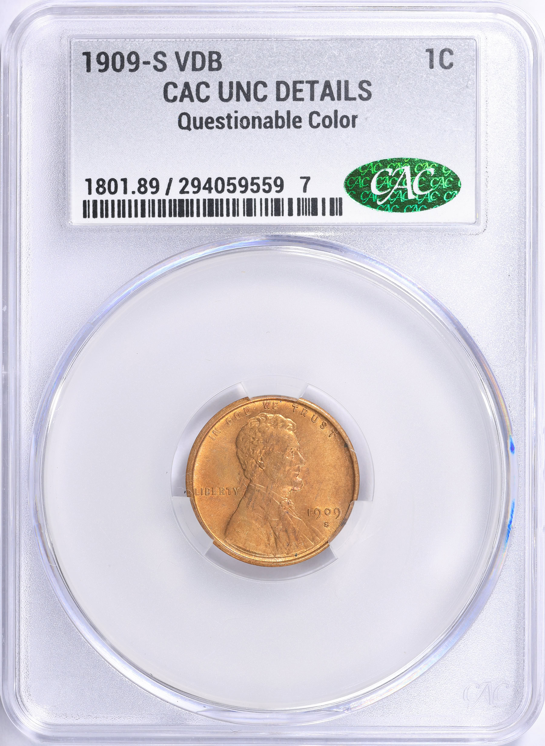 1909-S Lincoln Cent V.D.B. CACG Unc Details (Art. Toned) (Item 2166168 ...