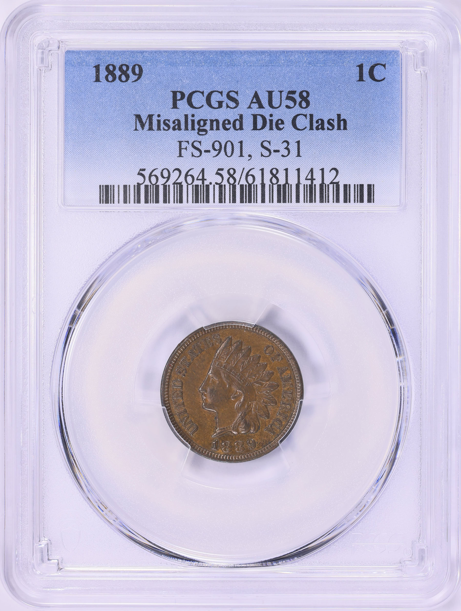 Mint Error 1889 Indian Cent FS-901, S-31 Misaligned Die Clash PCGS AU ...