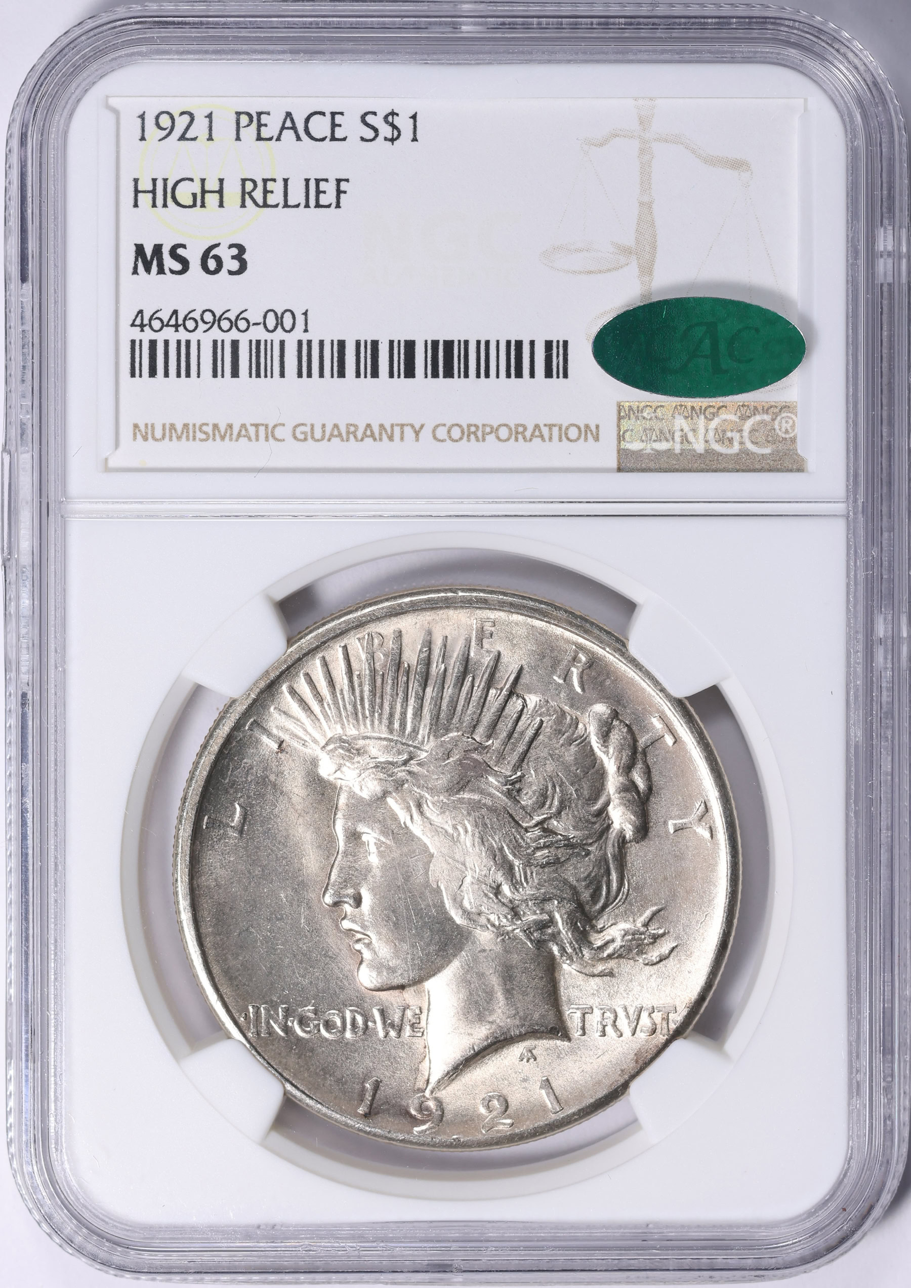 1921 Peace Silver Dollar High Relief NGC MS-63 (CAC Green) (Item ...