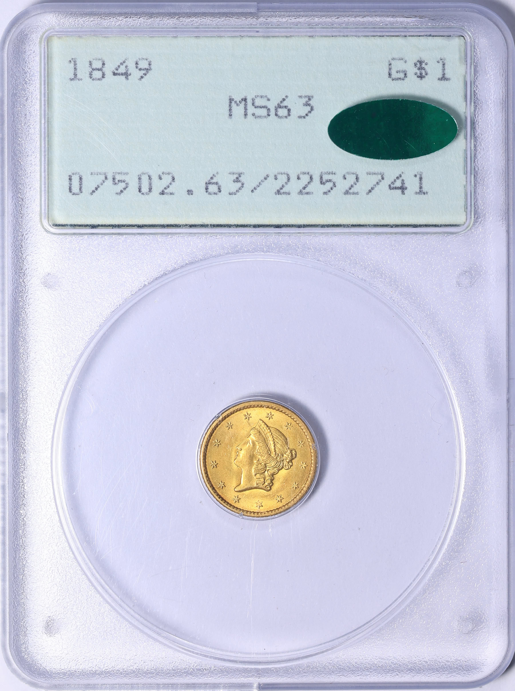 1849 Liberty Gold Dollar Open Wreath PCGS MS-63 (CAC Green) OGH (1st ...