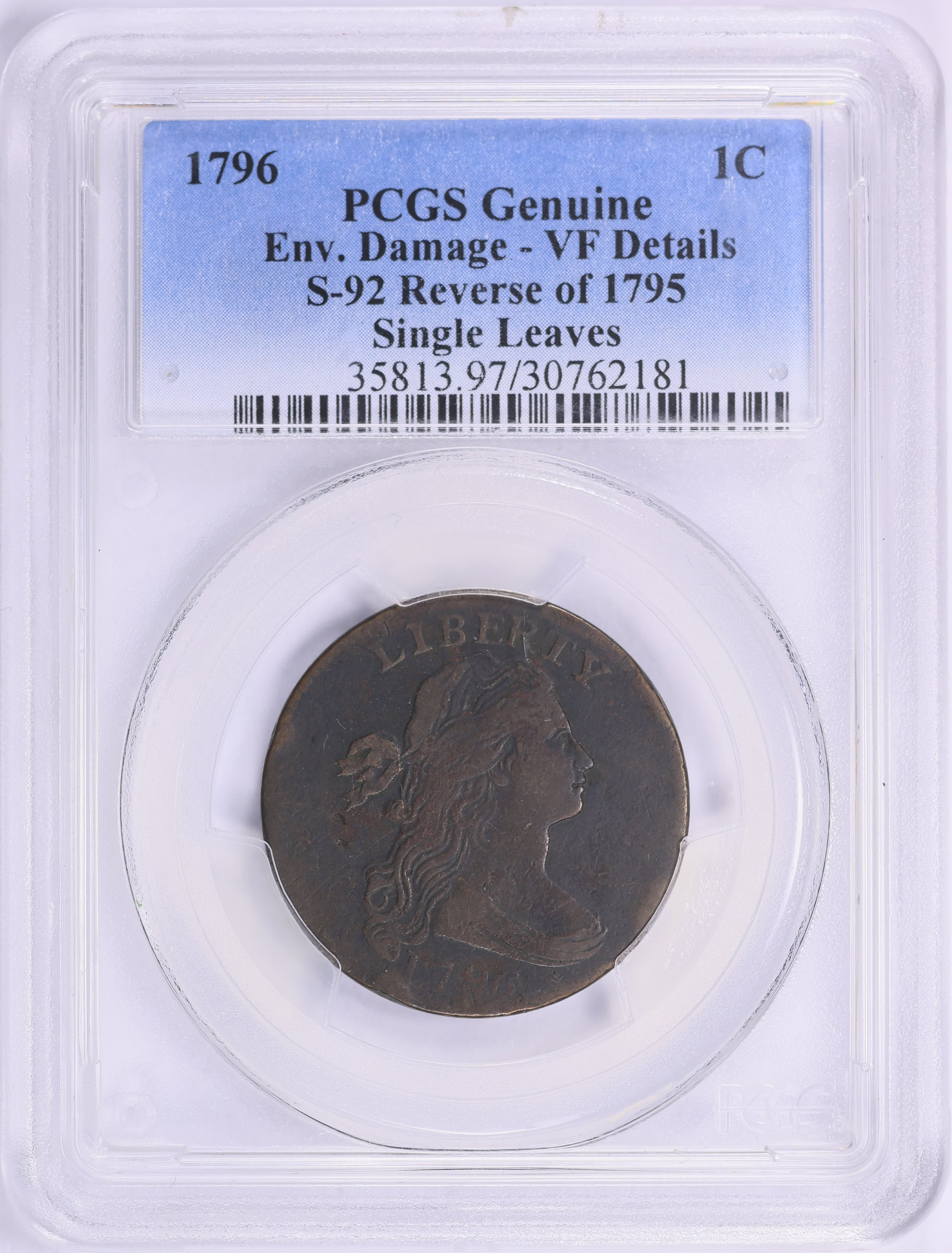 1796 Draped Bust Cent Reverse of 1795 Sheldon 92 PCGS Genuine VF ...