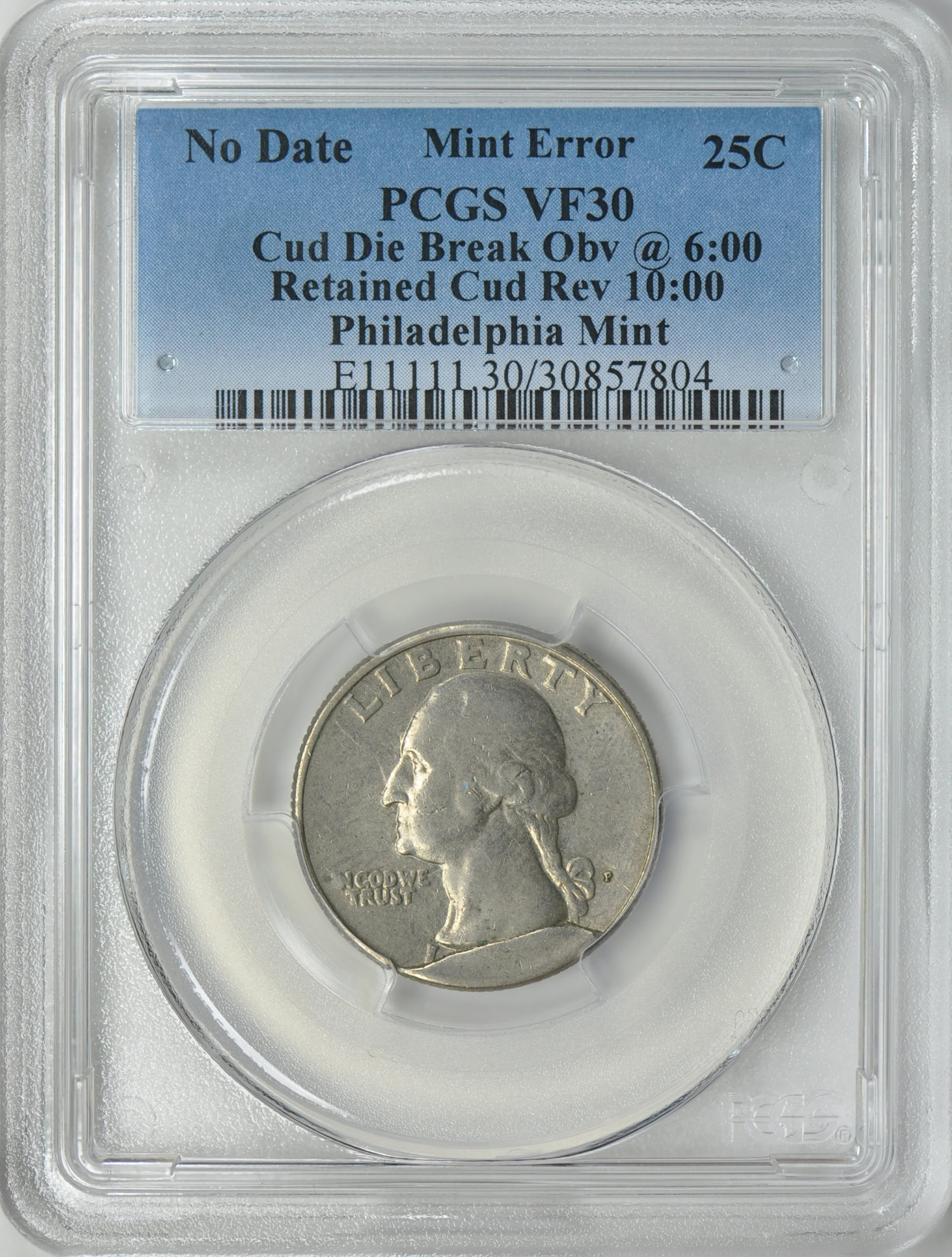 Mint Error No Date Washington Quarter Cud Die Break Obverse at 6:00 ...