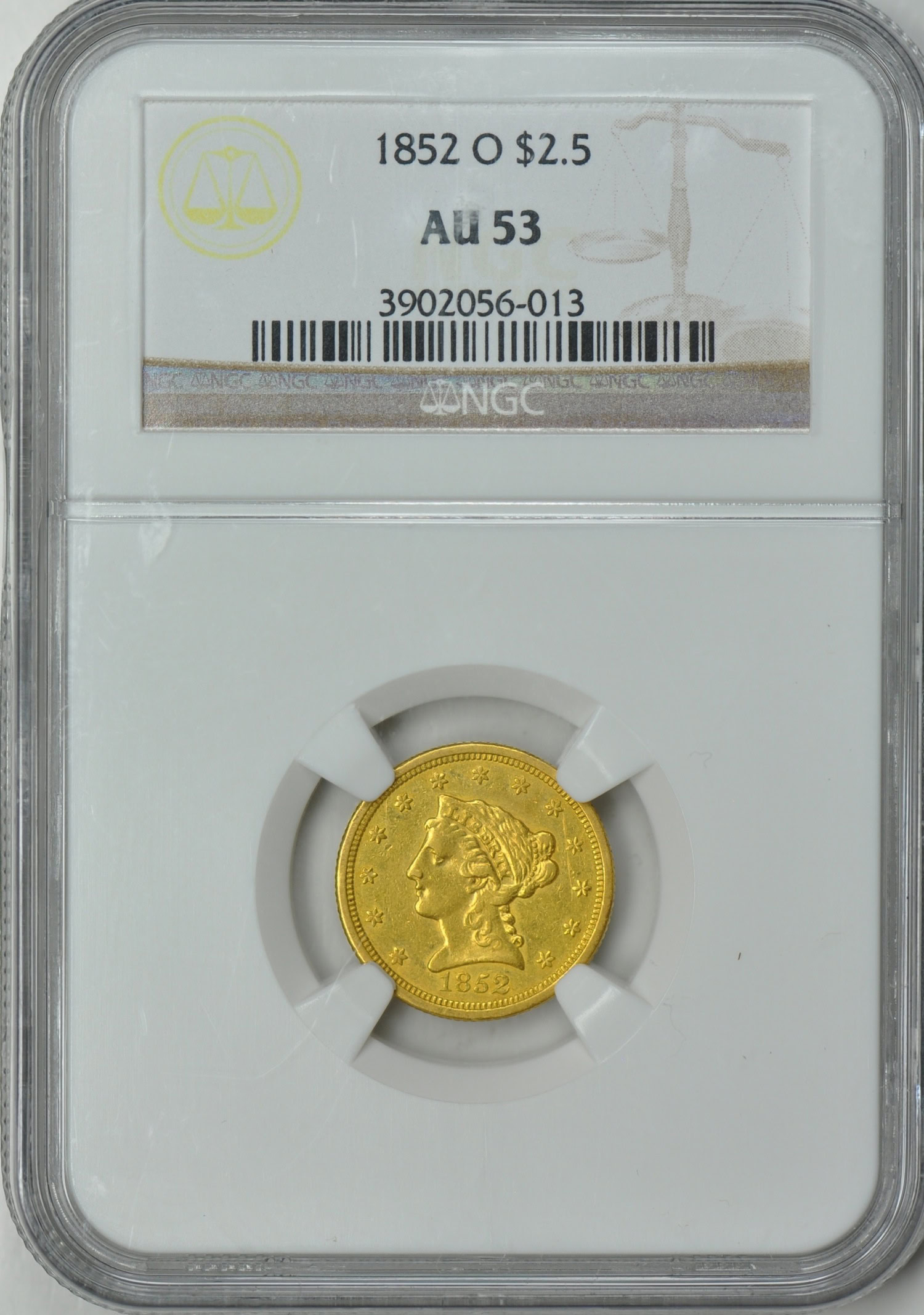 1852-O Liberty Gold Quarter Eagle NGC AU-53 (Item 255680) | GreatCollections Coin Auctions