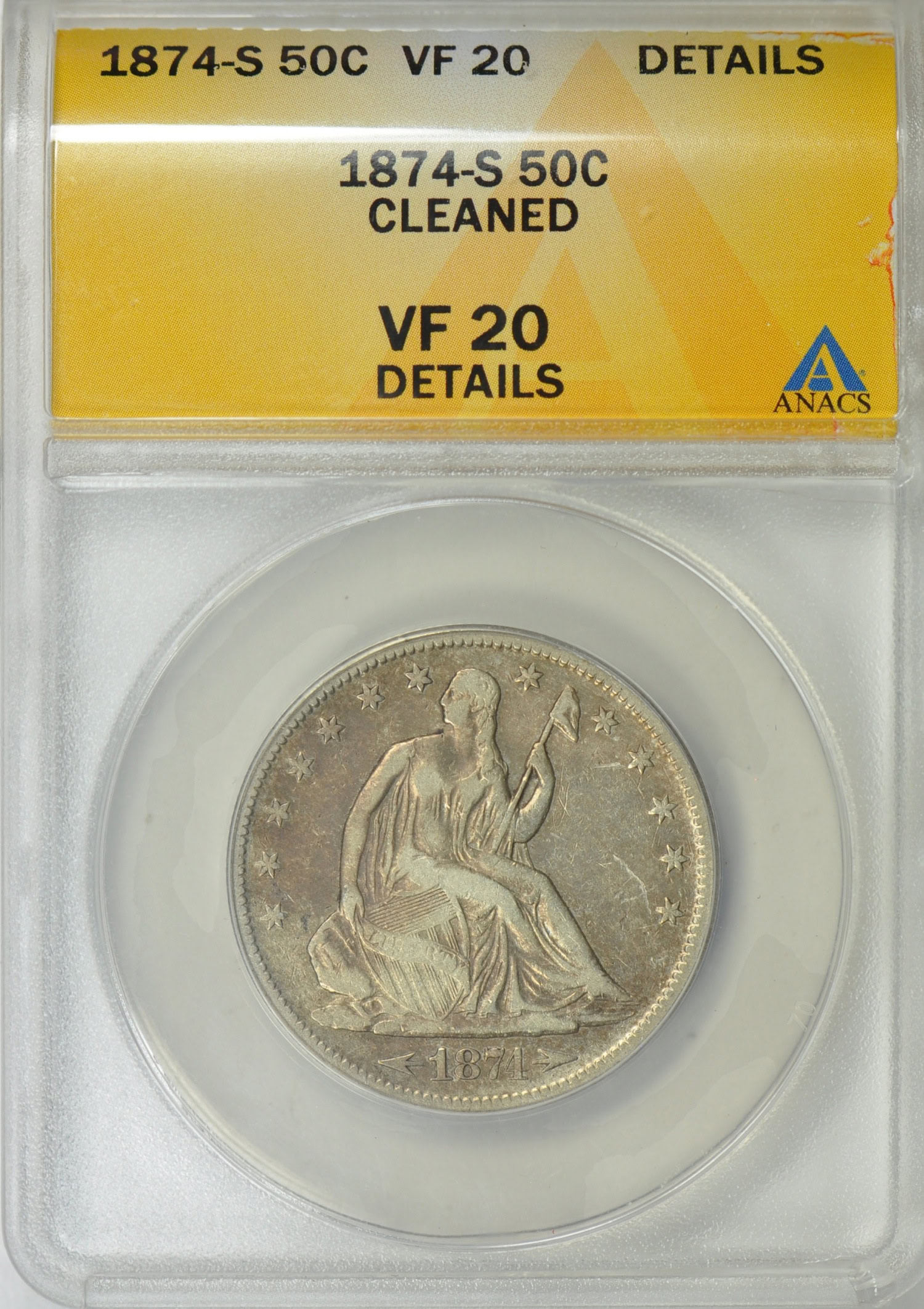 1874-S Seated Liberty Half Dollar Arrows ANACS VF-20 Details (Item 283408) | GreatCollections ...