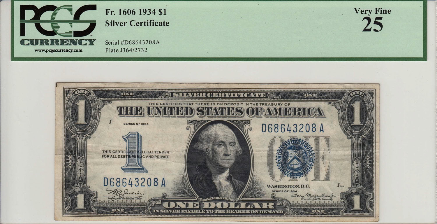 Fr. 1606 1934 $1 Silver Certificate PCGS Very Fine 25 | PCGS Cert #80623814 | GreatCollections ...