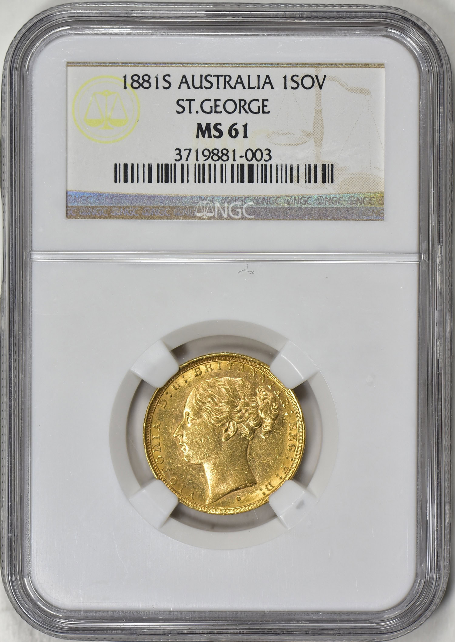 Australia 1881-S Gold Sovereign St. George KM-7 NGC MS-61 (AGW = 0.2355 ...