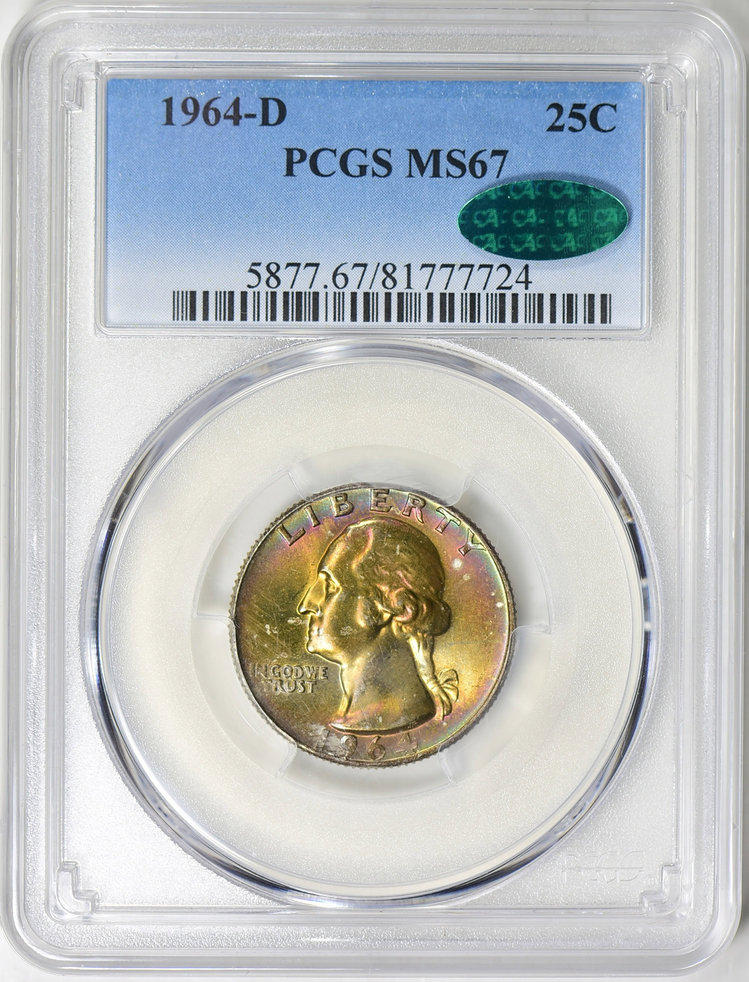 1964-D Washington Quarter PCGS MS-67 (CAC Green) (Toned) (Item 405568) | GreatCollections Coin ...