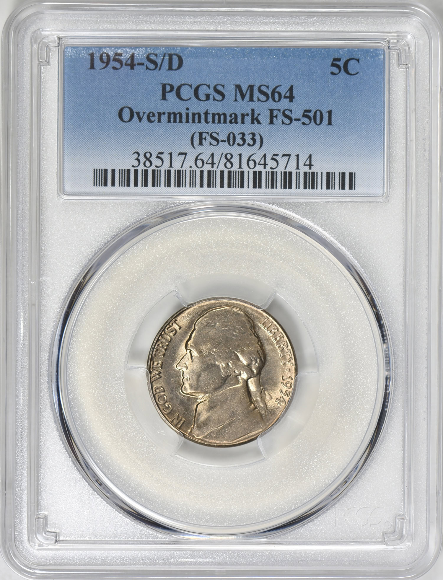 1954-S/D Jefferson Nickel Overmintmark FS-501 (FS-033) PCGS MS-64 (Item 406147 ...