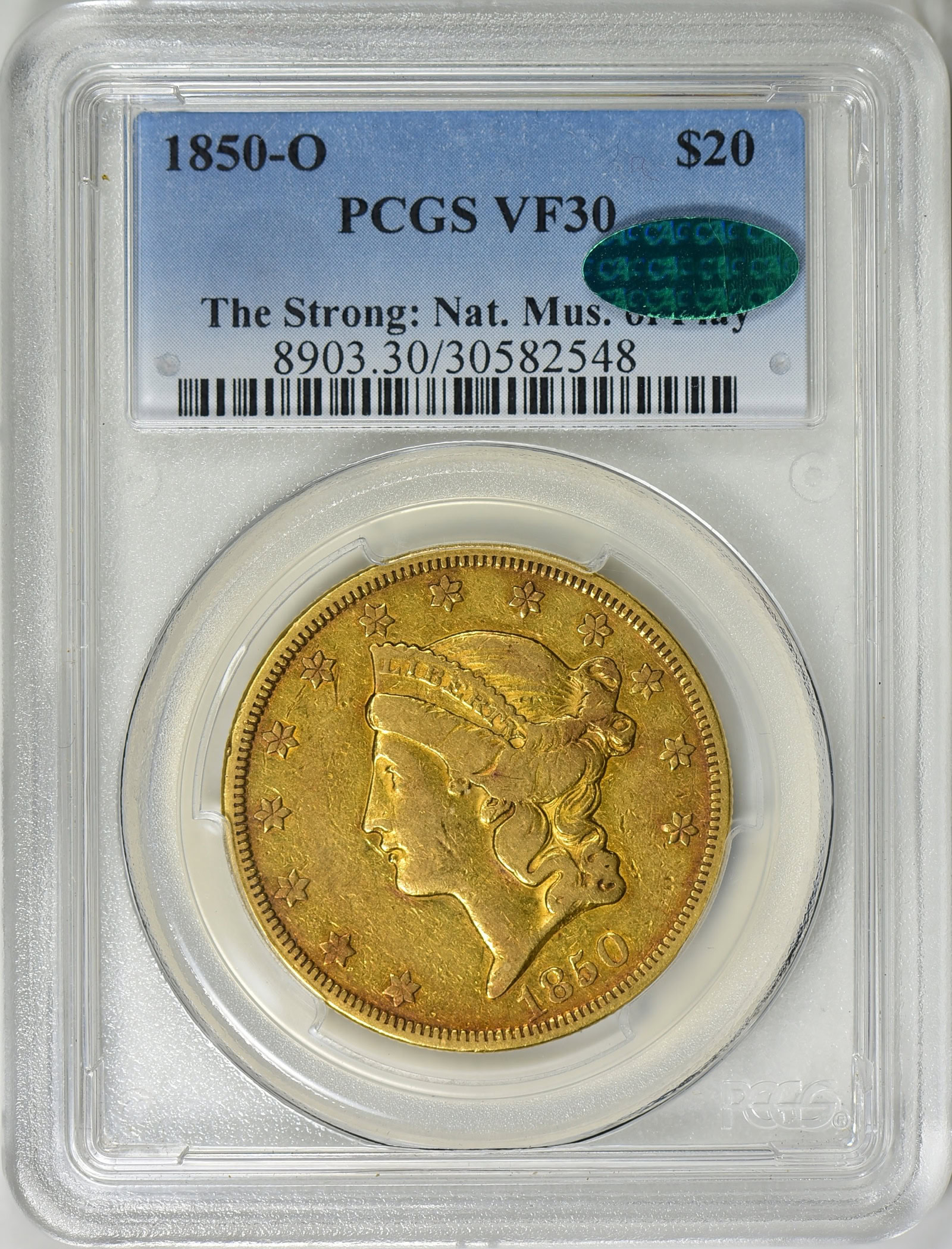 1850-O Liberty Gold Double Eagle PCGS VF-30 (CAC Green) (The Strong: National Museum of Play ...