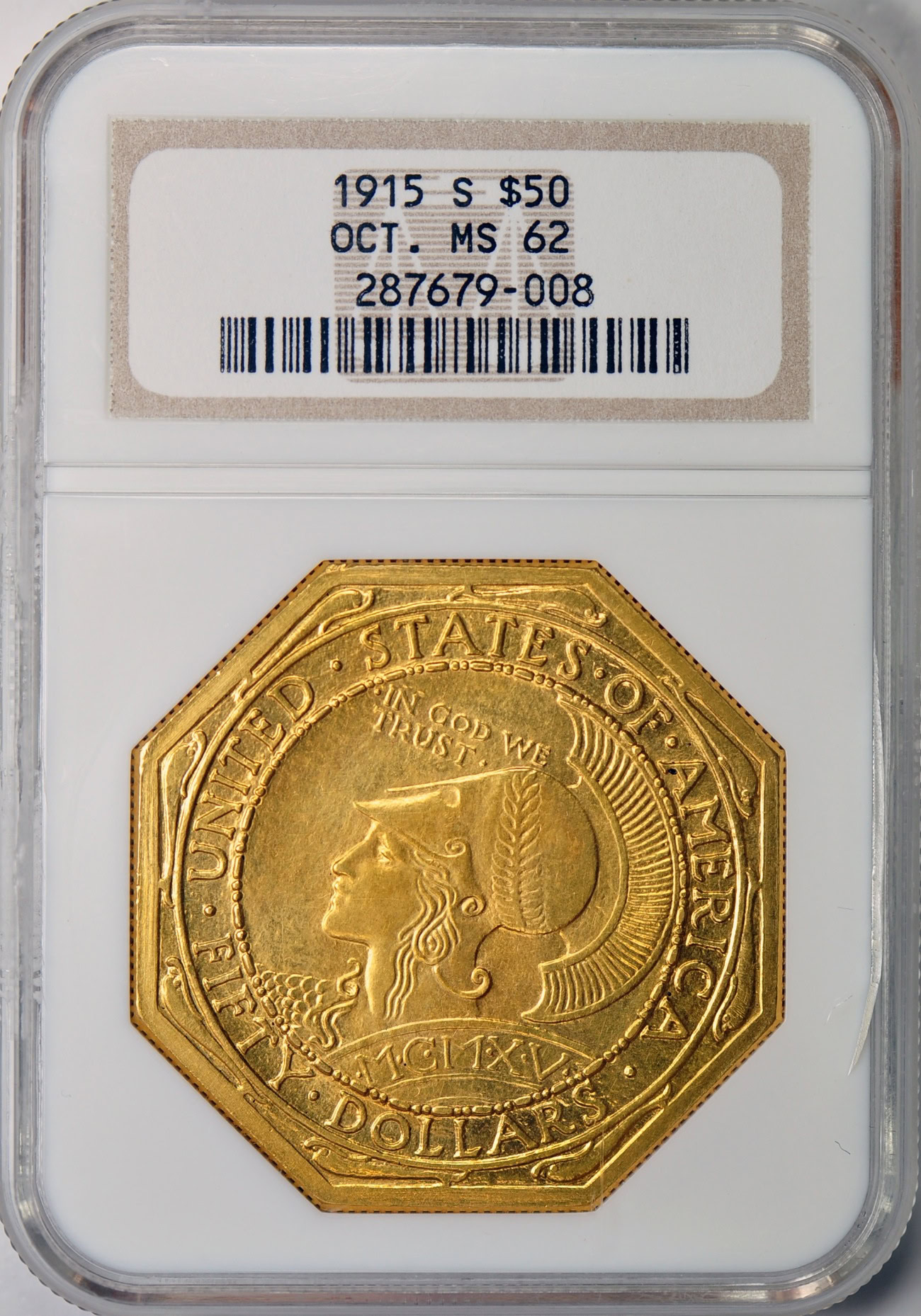 1915-S Panama-Pacific Exposition $50 Gold, Octagonal NGC MS-62 (Item 41804) | GreatCollections ...