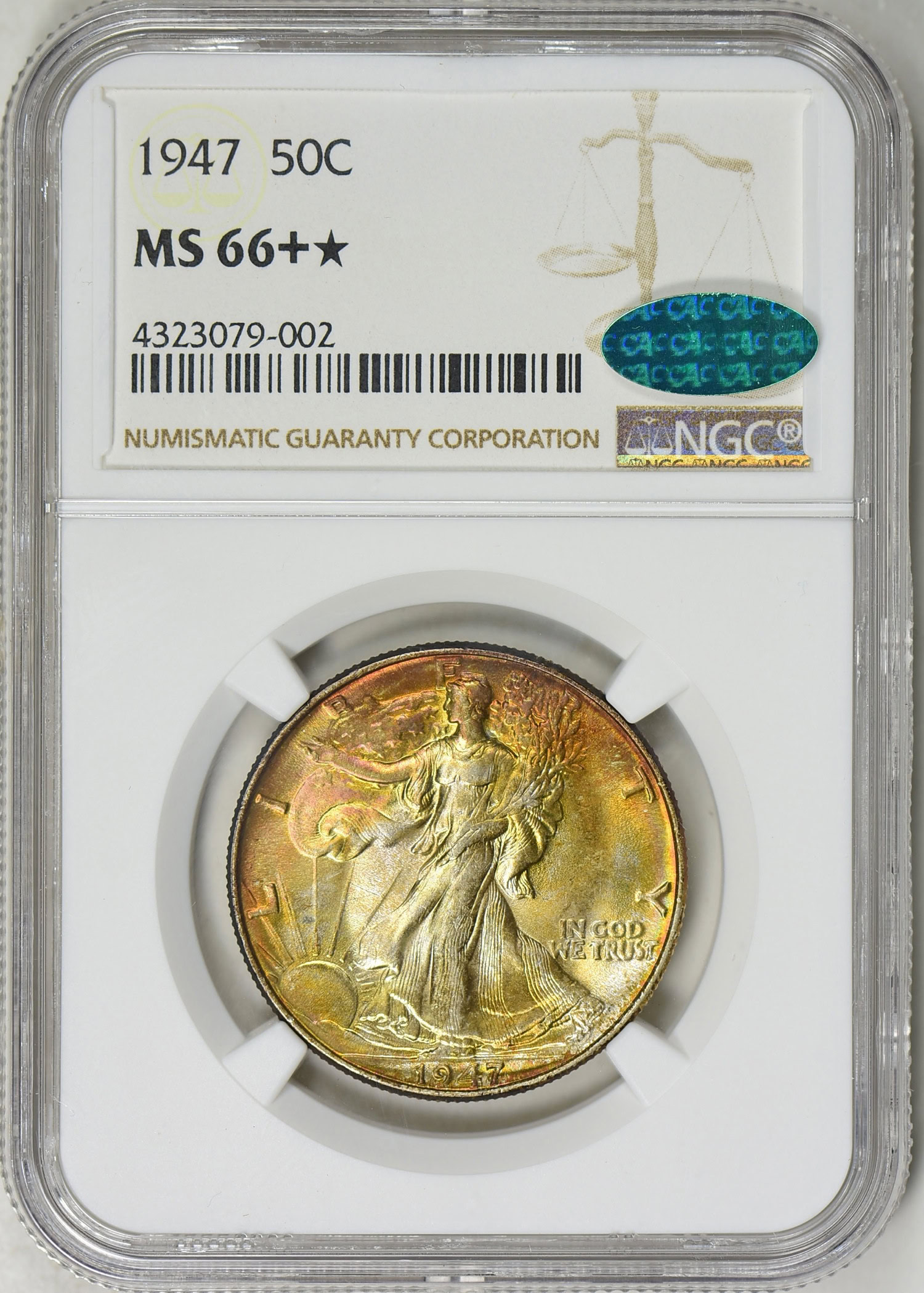 1947 Walking Liberty Half Dollar NGC MS-66+ ★ (CAC Green) (Toned) (Item 421110 ...