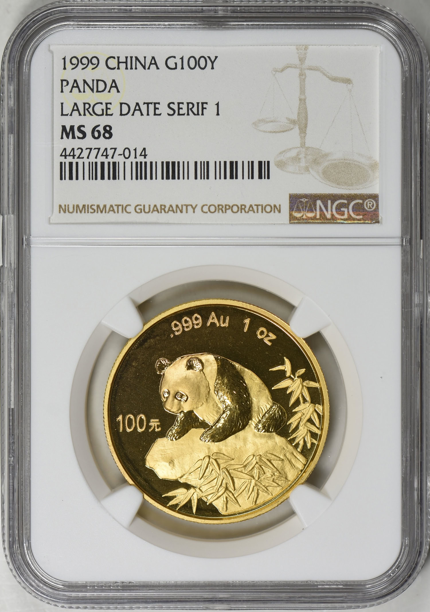 China 1999 Gold 100 Yuan Panda Large Date Serif 1 NGC MS-68 (AGW = 1.0 ...