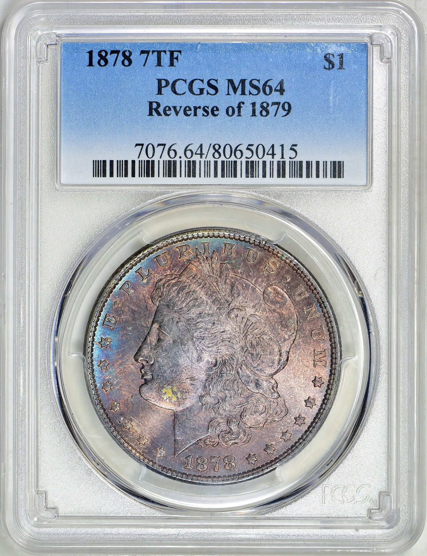 1878 Morgan Silver Dollar 7 Tailfeathers, Reverse of 1879 PCGS MS-64 ...