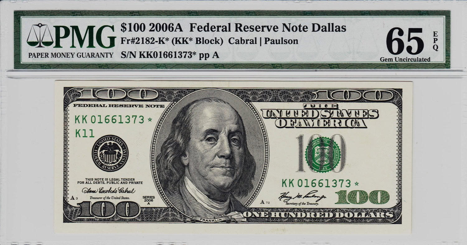 Fr. 2182-K★ (KK★ Block) 2006A $100 Federal Reserve Note Dallas Cabral ...