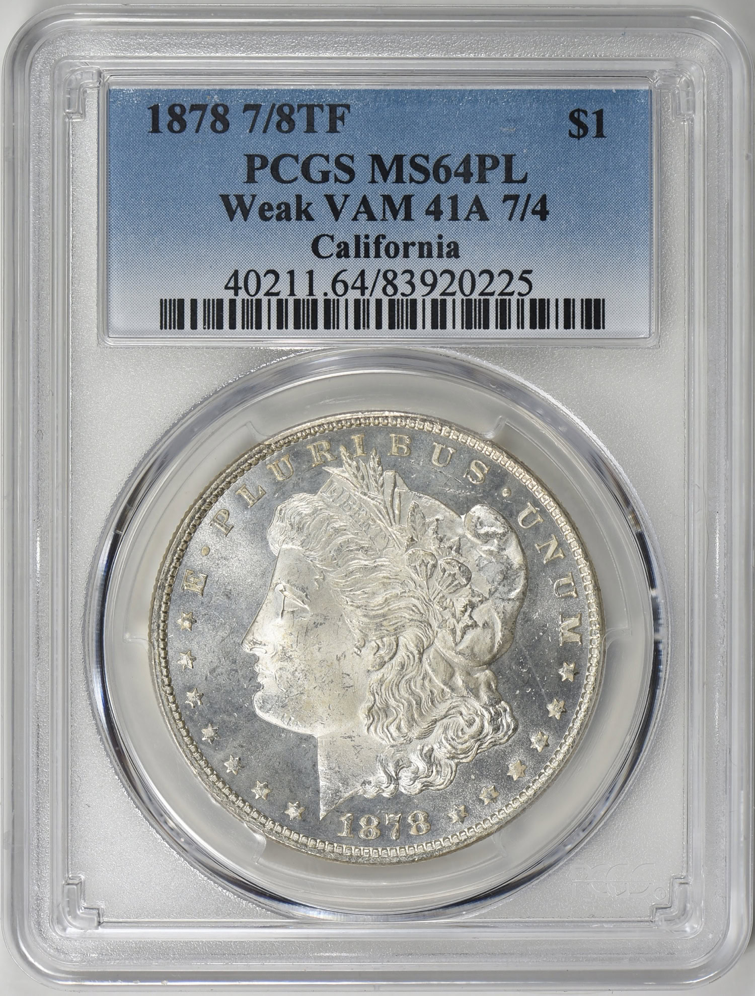 1878 Morgan Silver Dollar 7 Tailfeathers, Reverse of 1878. Weak VAM-41A ...