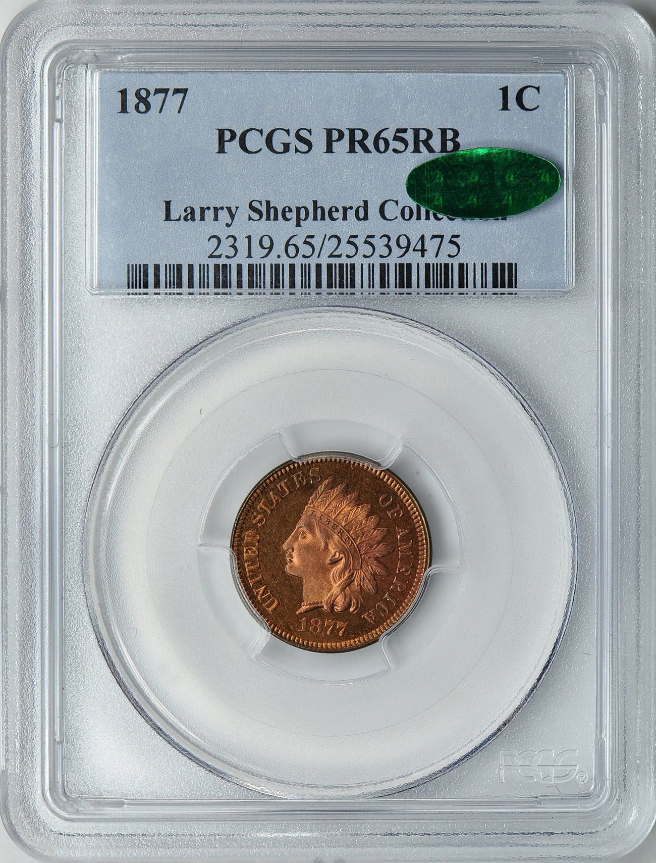 1877 Indian Cent PCGS Proof-65 RB (CAC Green) Larry Shepherd Collection ...