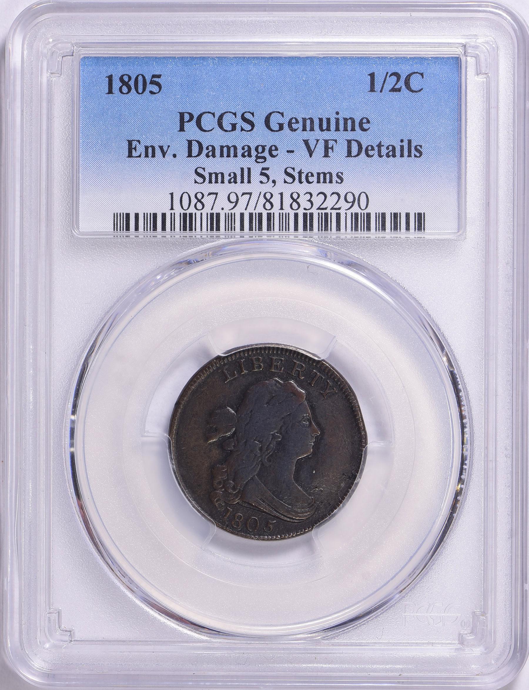 1805 Draped Bust Half Cent Small 5, Stems PCGS Genuine VF Details (Item 464193 ...