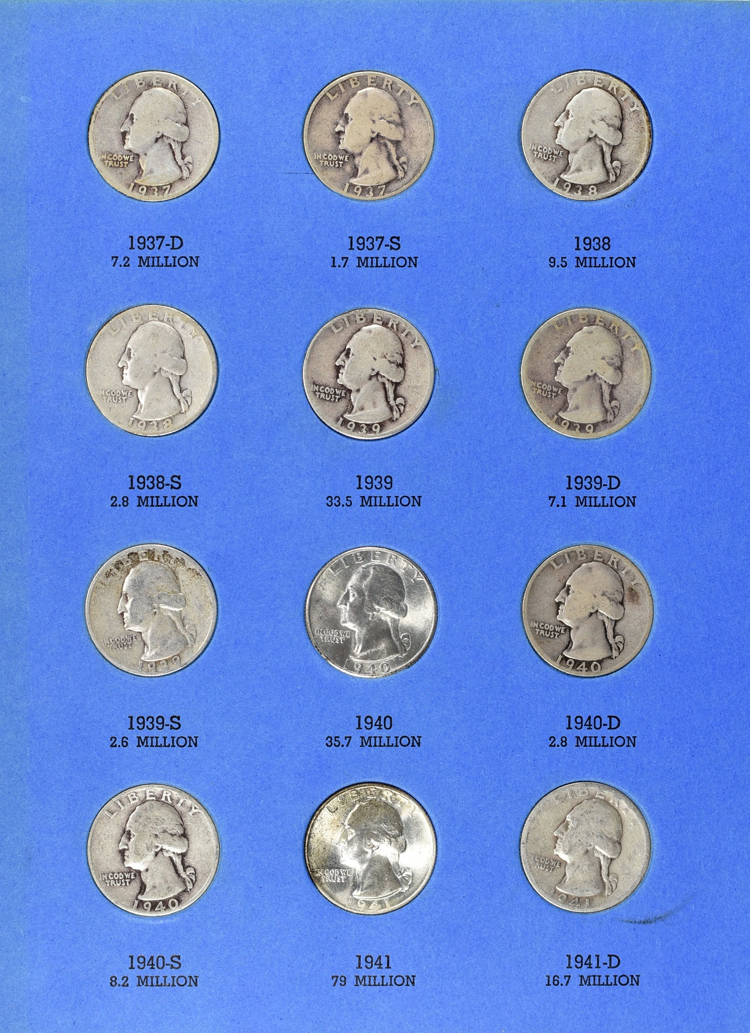 1932 - 1945 Washington Silver Quarter Collection Uncertified Housed in ...