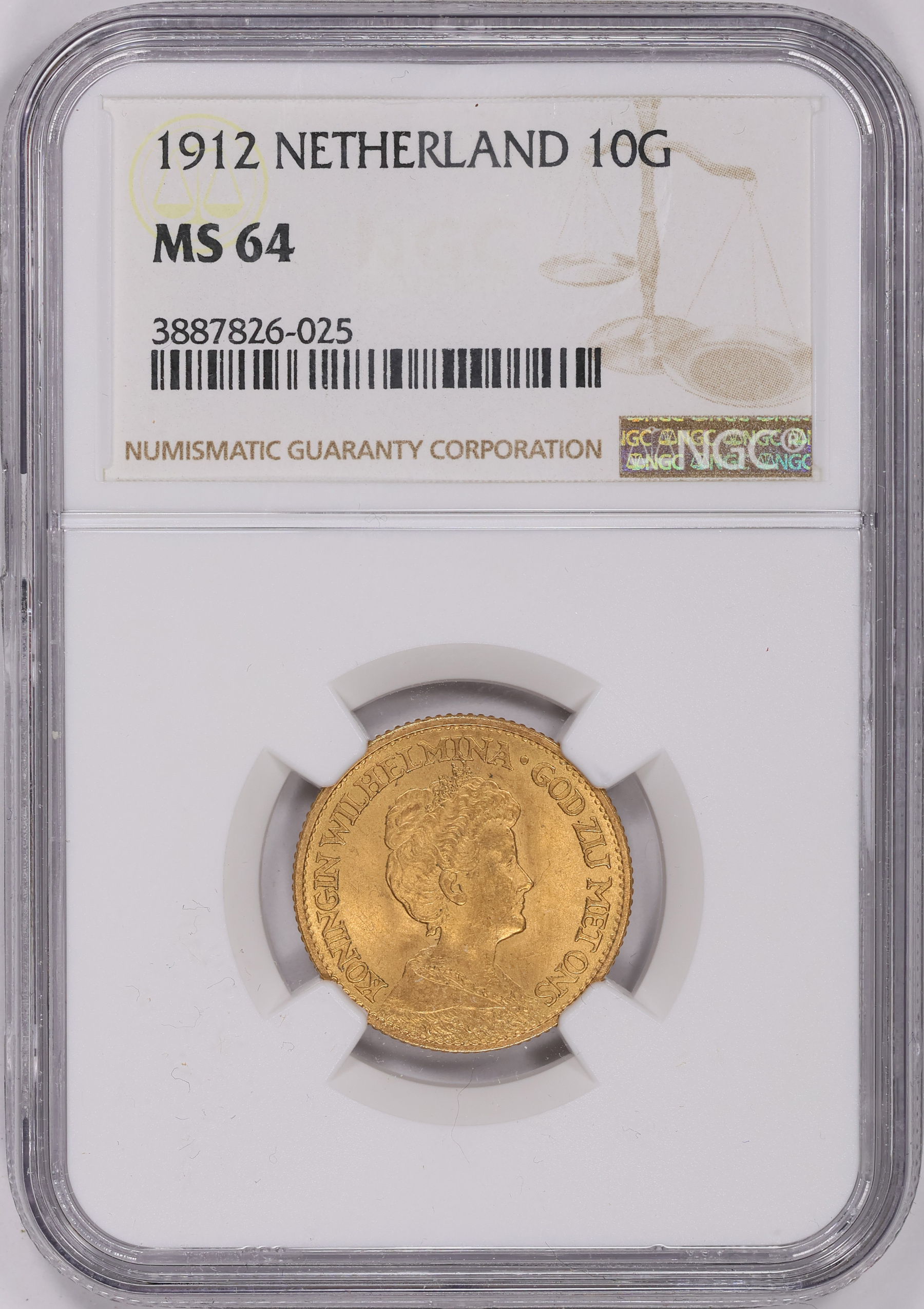 Netherlands 1912 Gold 10 Gulden NGC MS-64 (AGW = 0.1947 oz.) (Item ...
