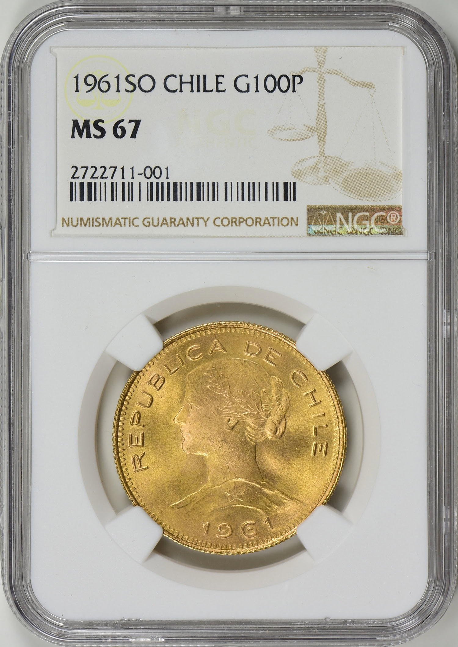 Chile 1961-So Gold 100 Pesos NGC MS-67 (AGW = 0.5885 oz.) (Item 489688 ...