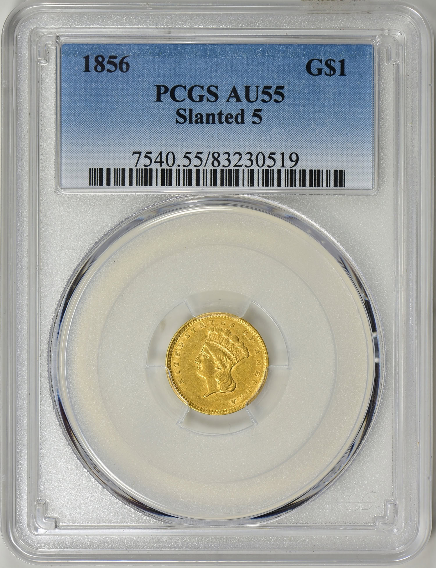 1856 Indian Princess Gold Dollar Slanted 5 PCGS AU-55 (Item 490053) | GreatCollections Coin Auctions
