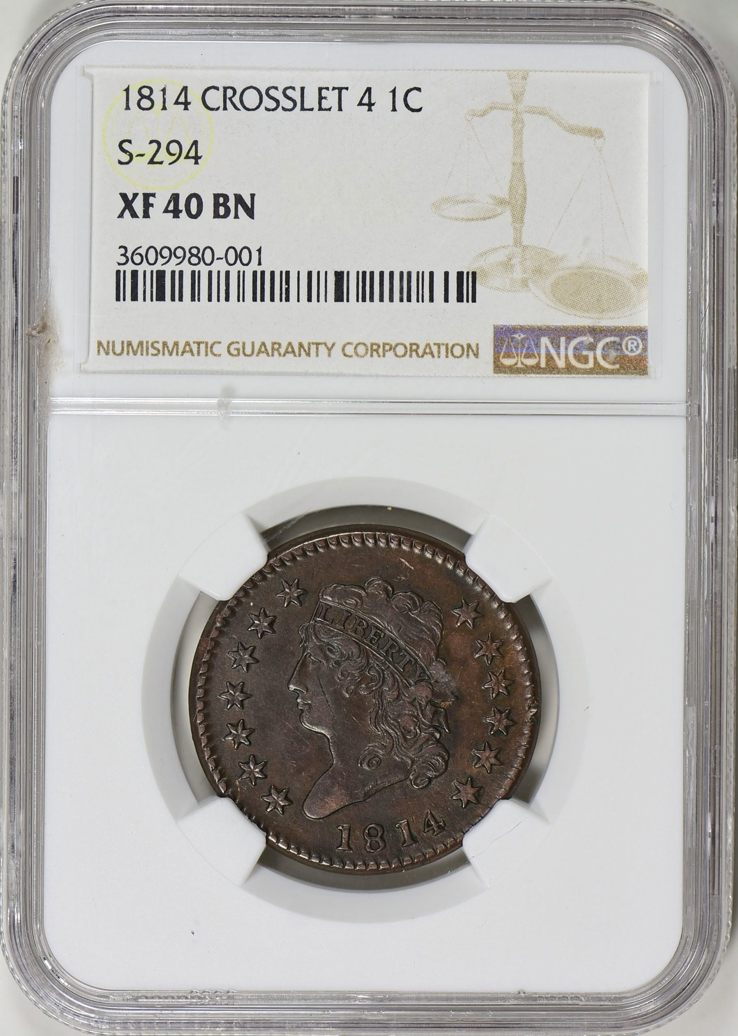 1814 Classic Cent Crosslet 4 S-294 NGC XF-40 BN (Item 490526 ...