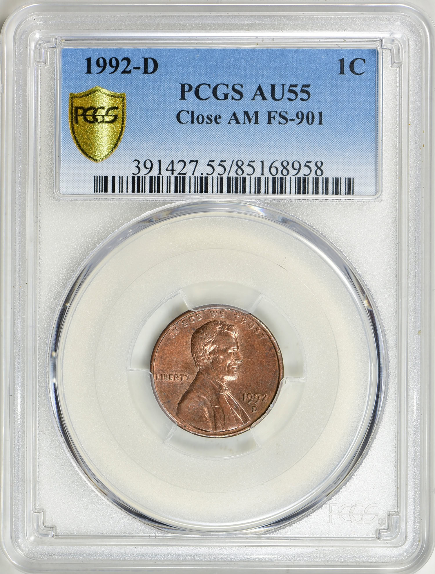 1992-D Lincoln Cent Close AM PCGS AU-55 BN (Die Pair 2, Discovery Coin ...