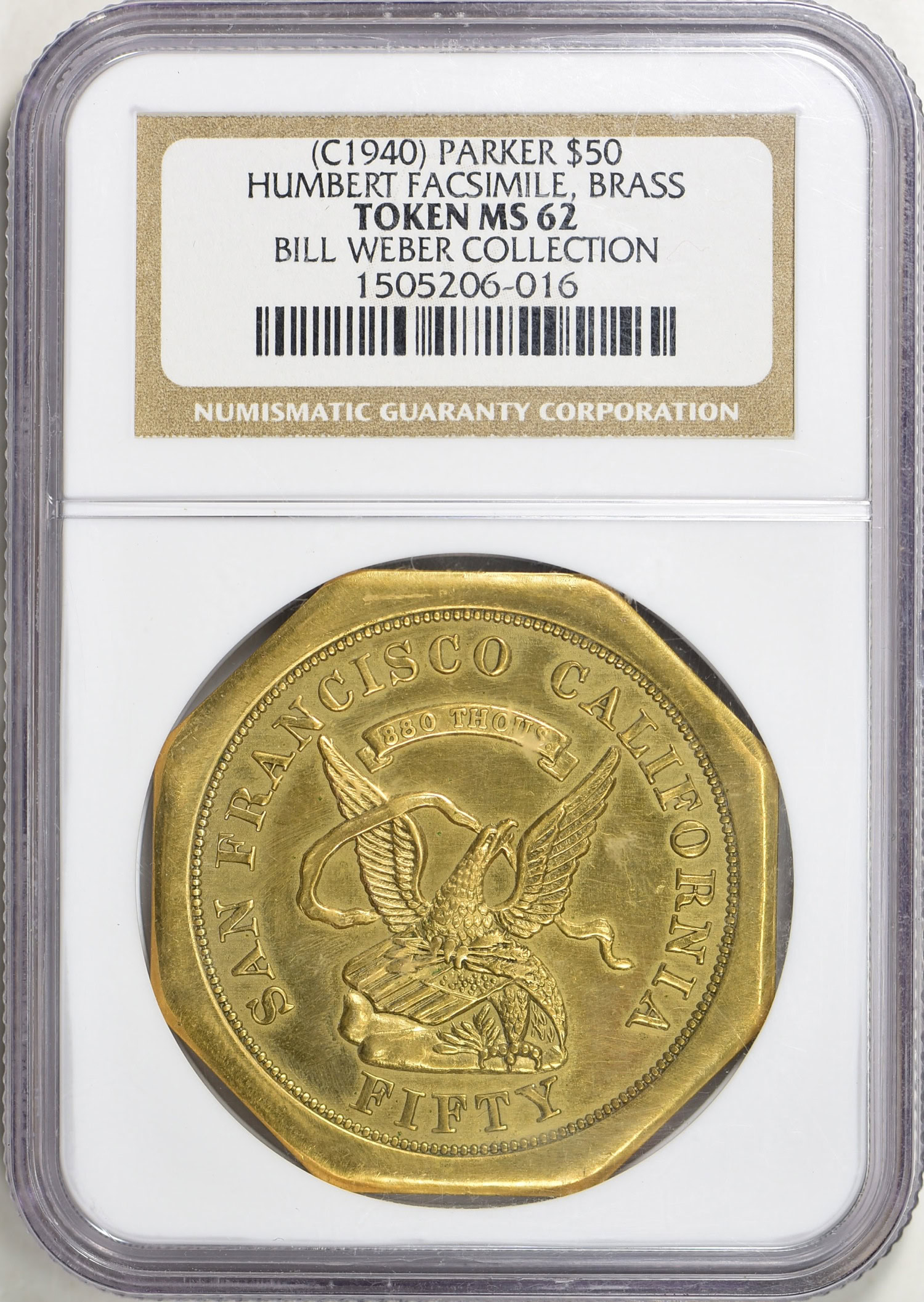 (c1940) Parker $50 Humbert Facsimile Brass Token NGC MS-62 (Bill Weber ...
