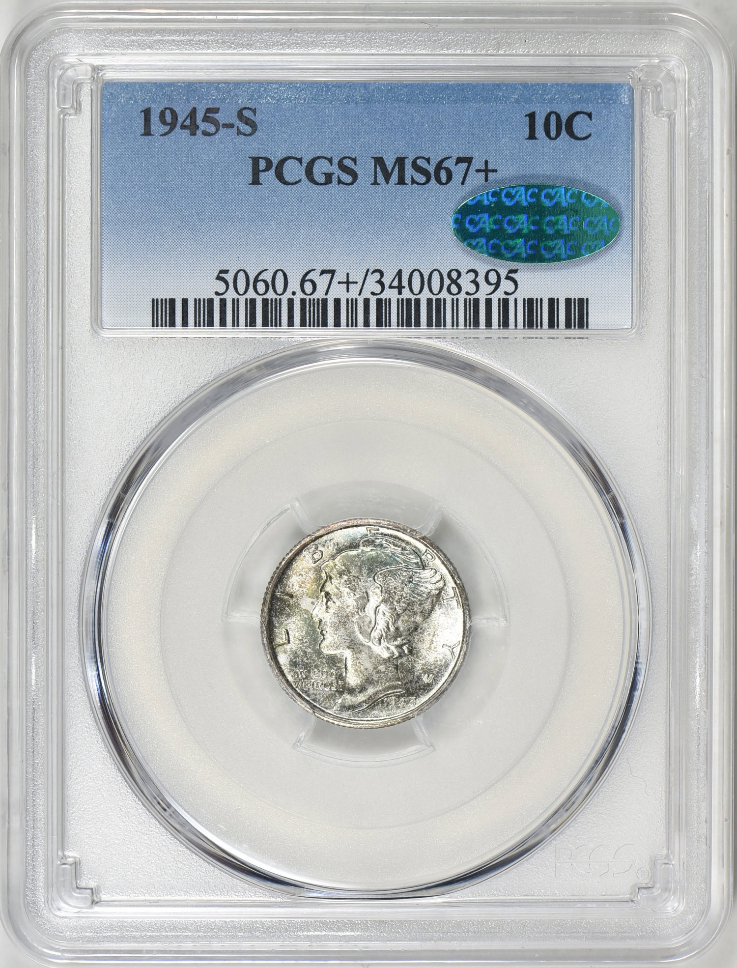 1945-S Mercury Dime PCGS MS-67+ (CAC Green) (Toned) (Item 509971) | GreatCollections Coin Auctions