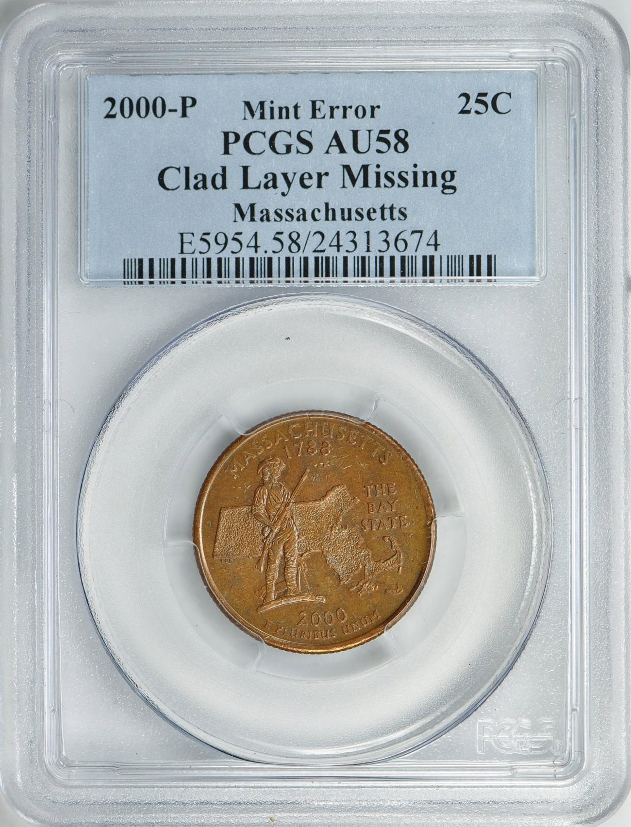 Mint Error 2000-P State Quarter Massachusetts Clad Layer Missing PCGS ...
